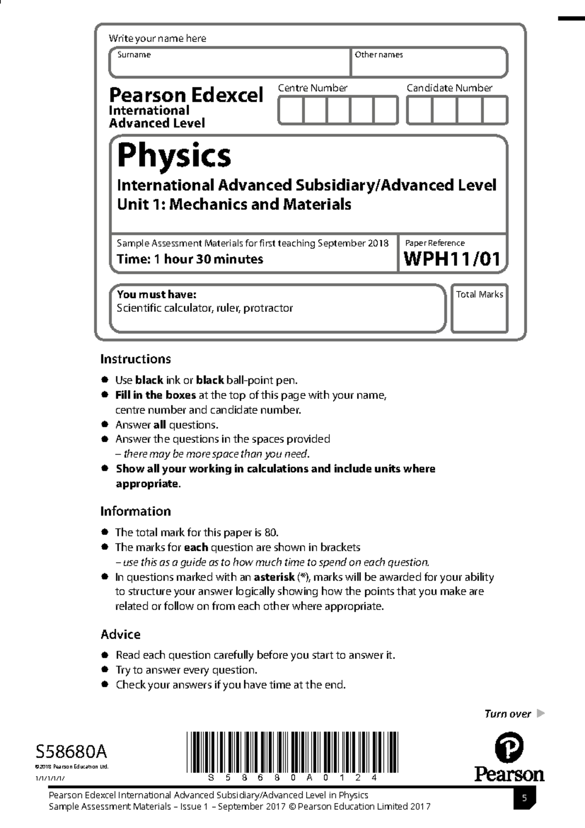 Pearson Edexcel IAL Physics Unit 1: Mechanics & Materials Sample Assessment - Studocu