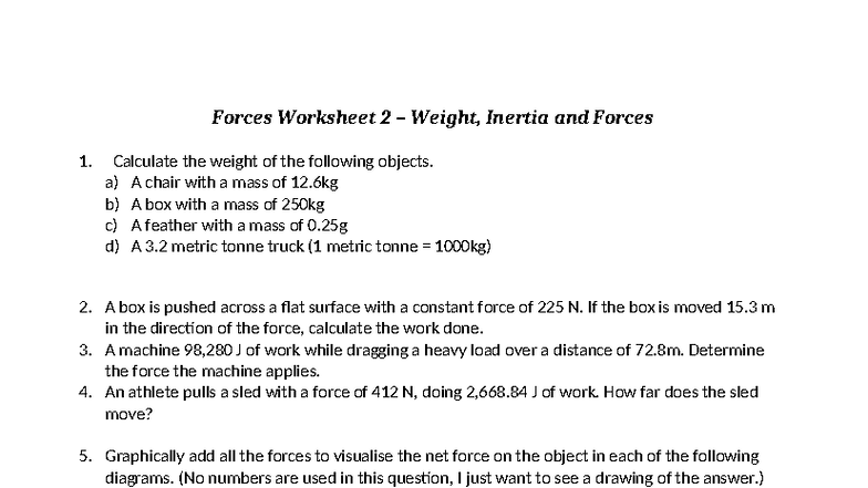 Worksheet 3.2 - Weight, Forces and Inertia - Forces Worksheet 2 ...