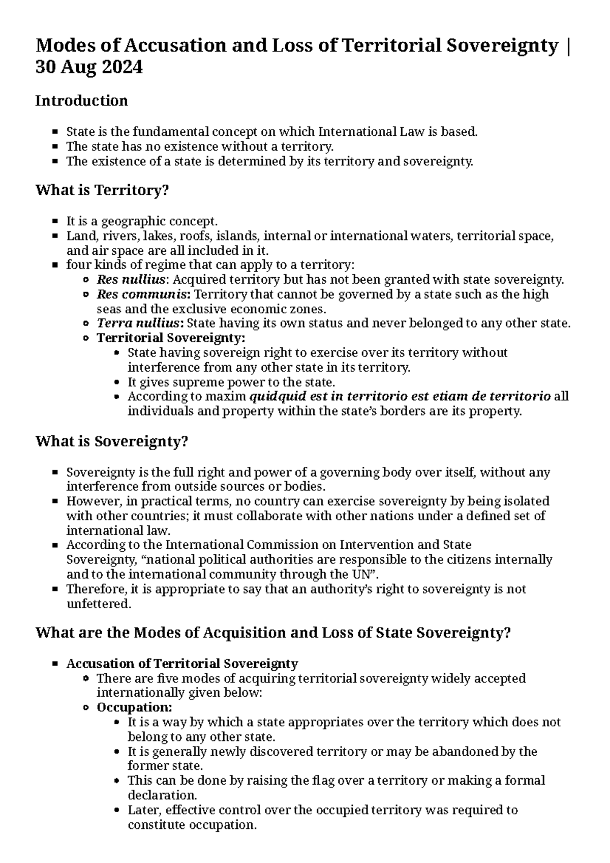 Acquisition and Loss of Territorial Sovereignty: Modes and Cases - Studocu