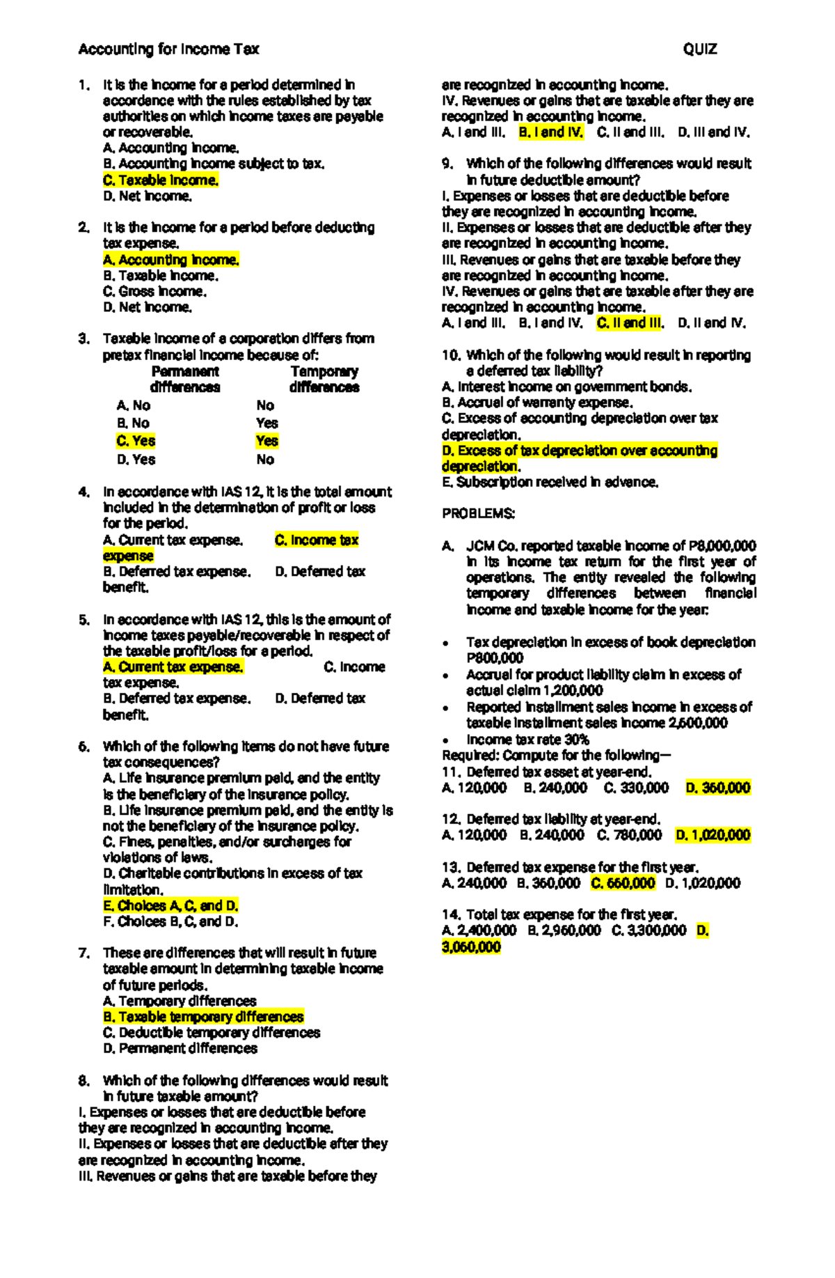 Accounting for Income Tax Quiz (ACC 101) - Studocu