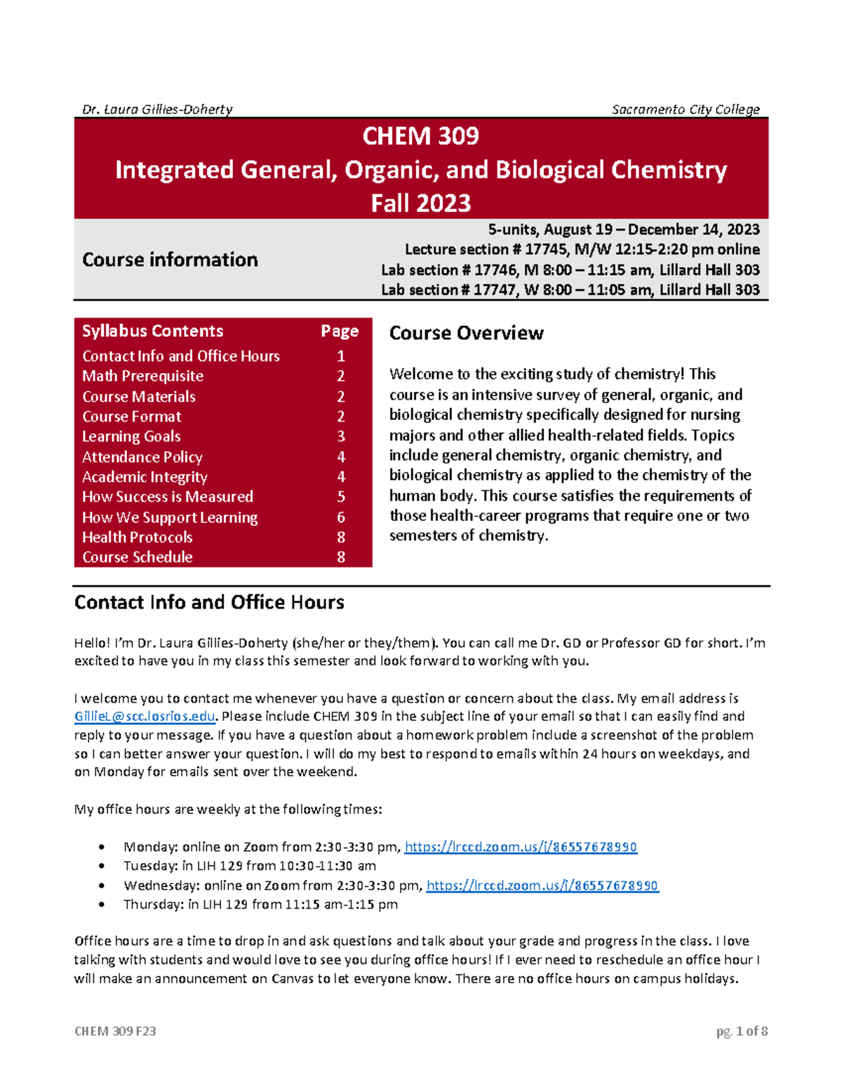 CHEM 309 F23 Syllabus: Integrated General, Organic, & Biological ...