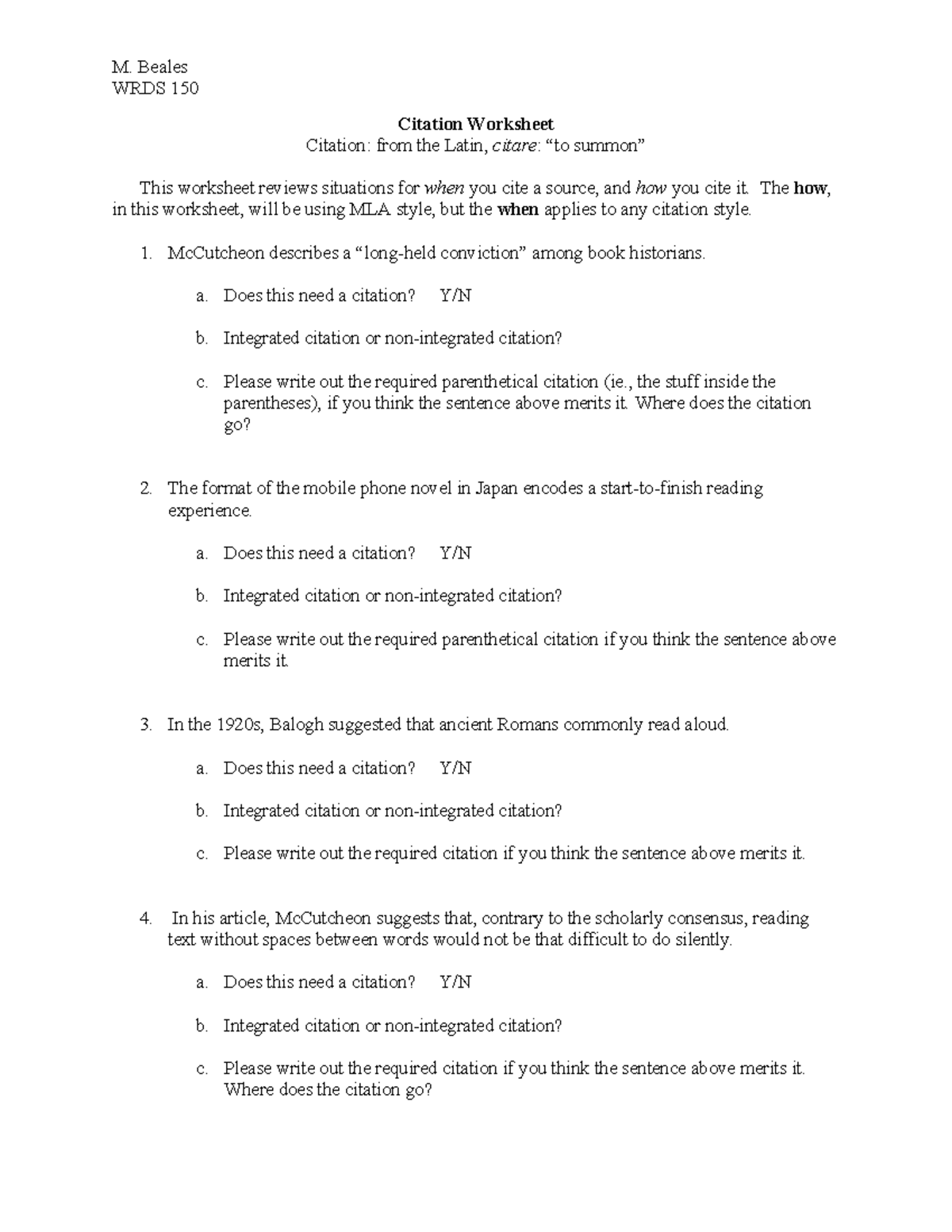 WRDS 150 Citation Worksheet: Citing Sources with MLA Style - Studocu