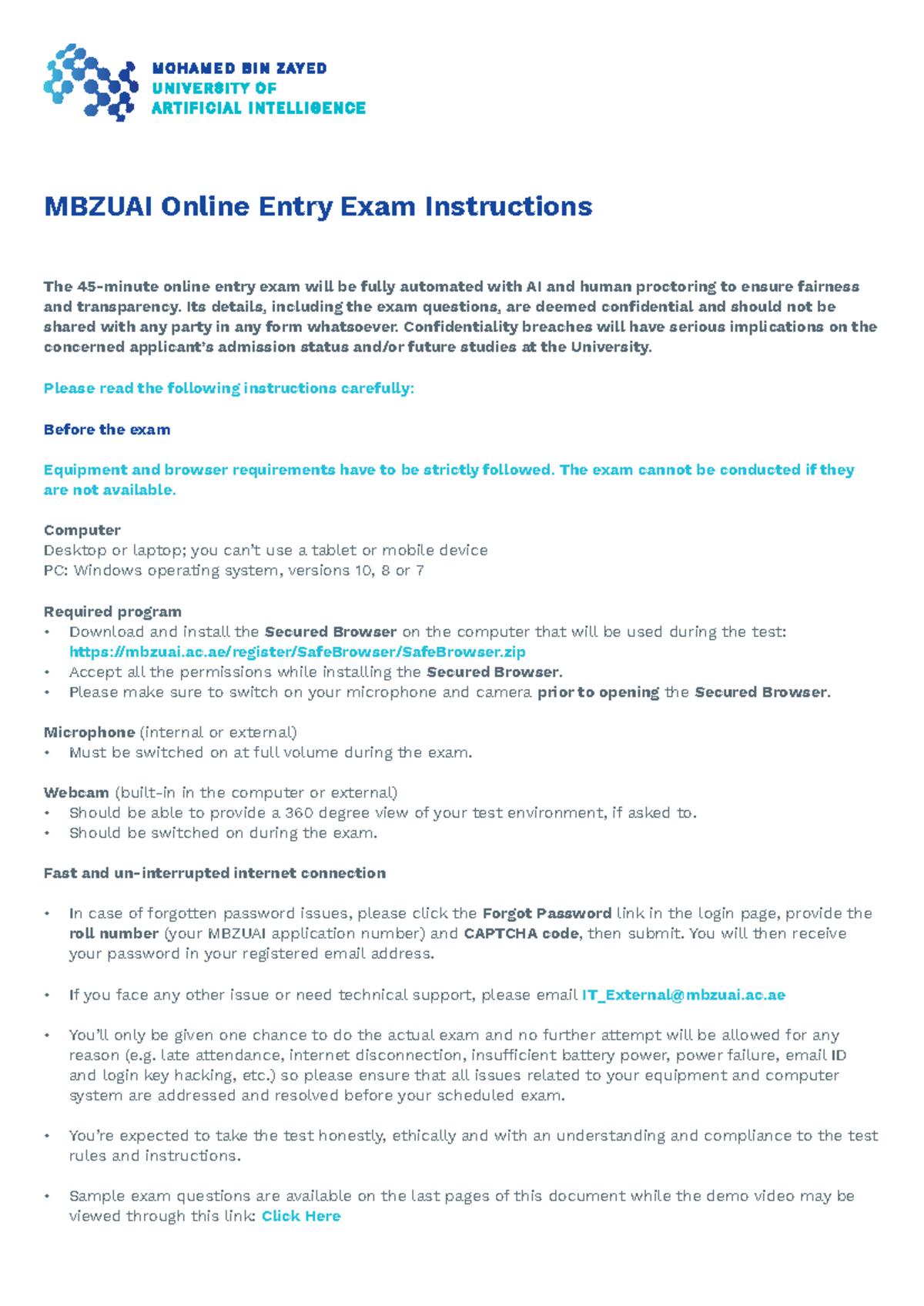 MBZUAI Entry Exam Instructions: 2022 Guide for Applicants - Studocu