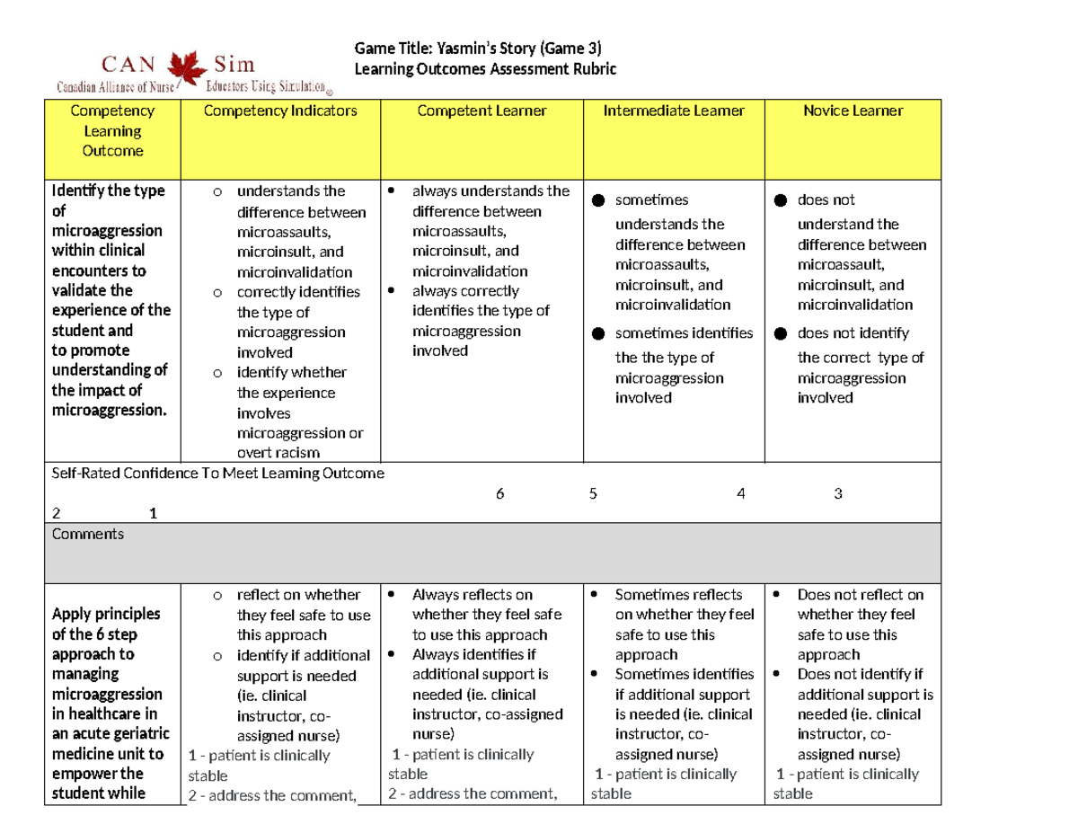 Self-Assessment Rubric: Microaggressions in Clinical Encounters (Game 3 ...