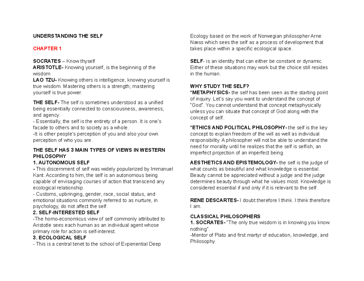 Understanding THE SELF Reviewer - UNDERSTANDING THE SELF CHAPTER 1 ...