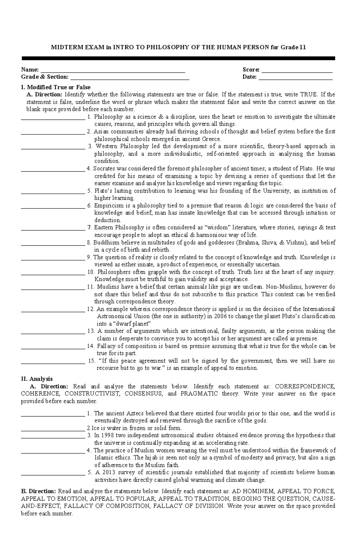 MIDTERM EXAM: INTRO TO PHILOSOPHY OF THE HUMAN PERSON (Grade 11) - Studocu