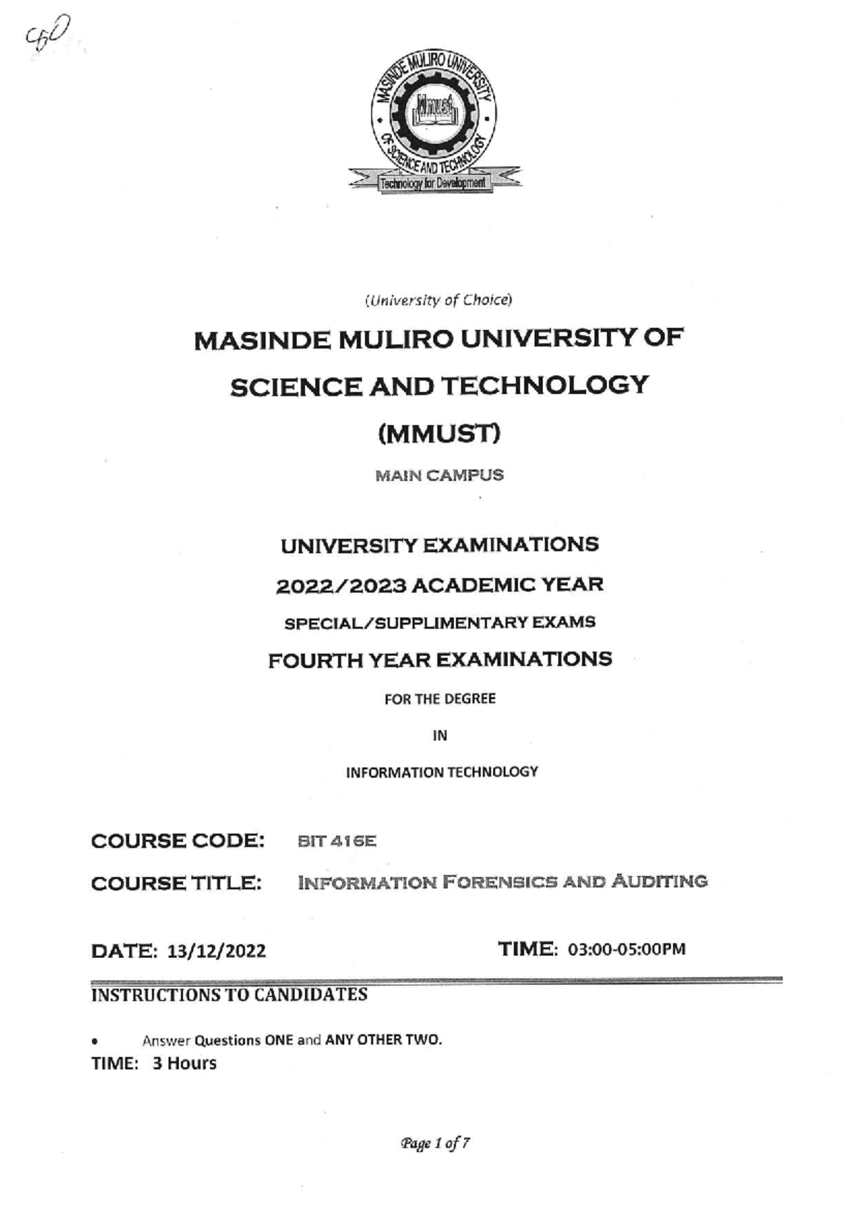 BIT 416E - INFORMATION FORENSICS AND AUDITING EXAM PAST PAPER - Studocu