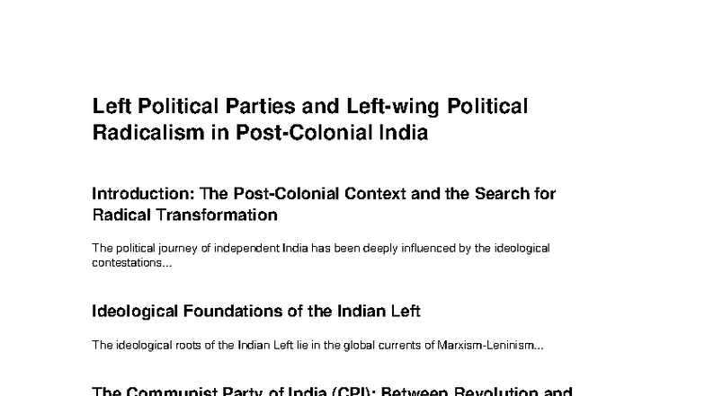 Left Political Parties and Radicalism in Postcolonial India - Studocu