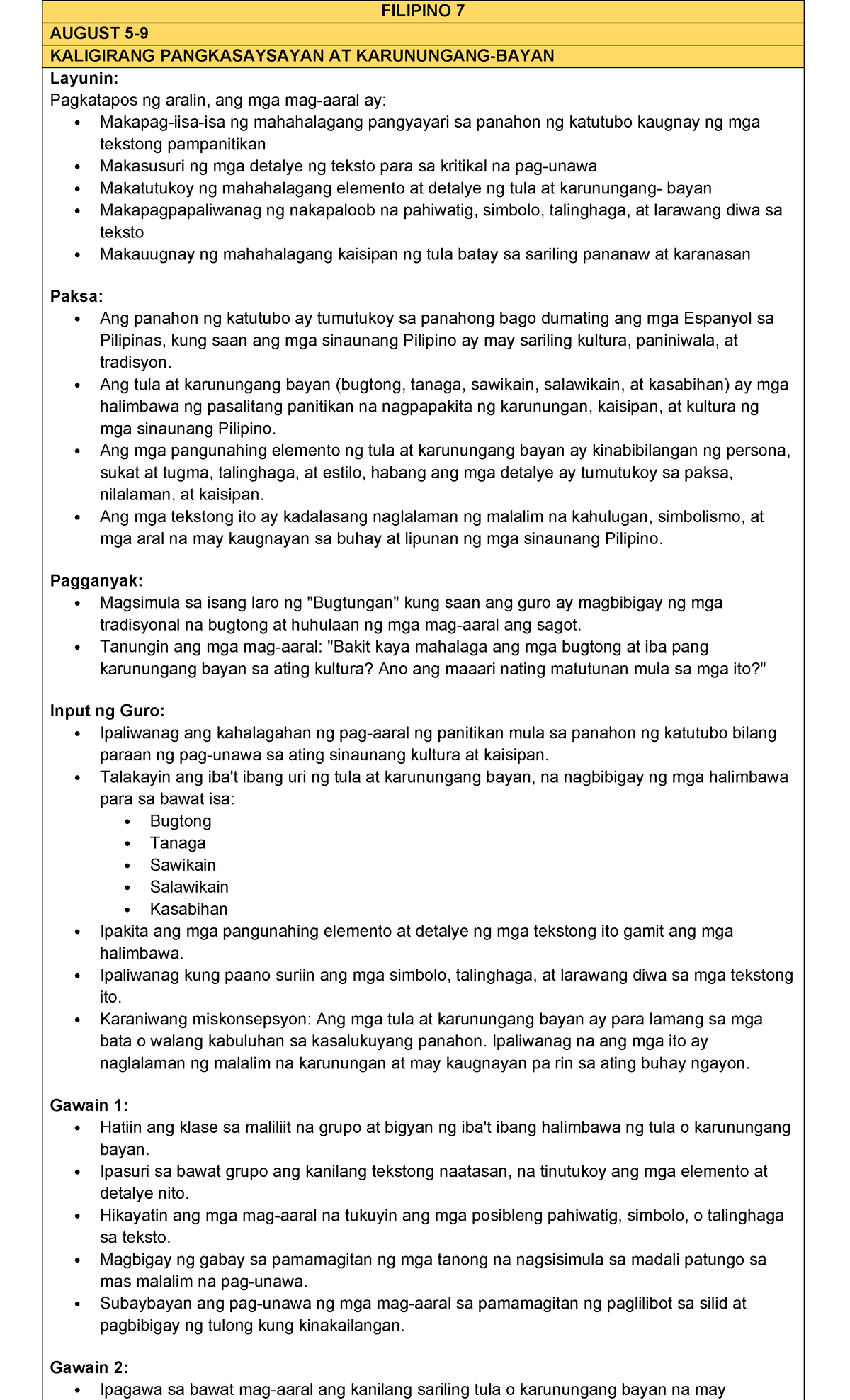 LPF7 Unang Markahan - Lesson Plan sa Kahalagahan ng Panitikan - Studocu