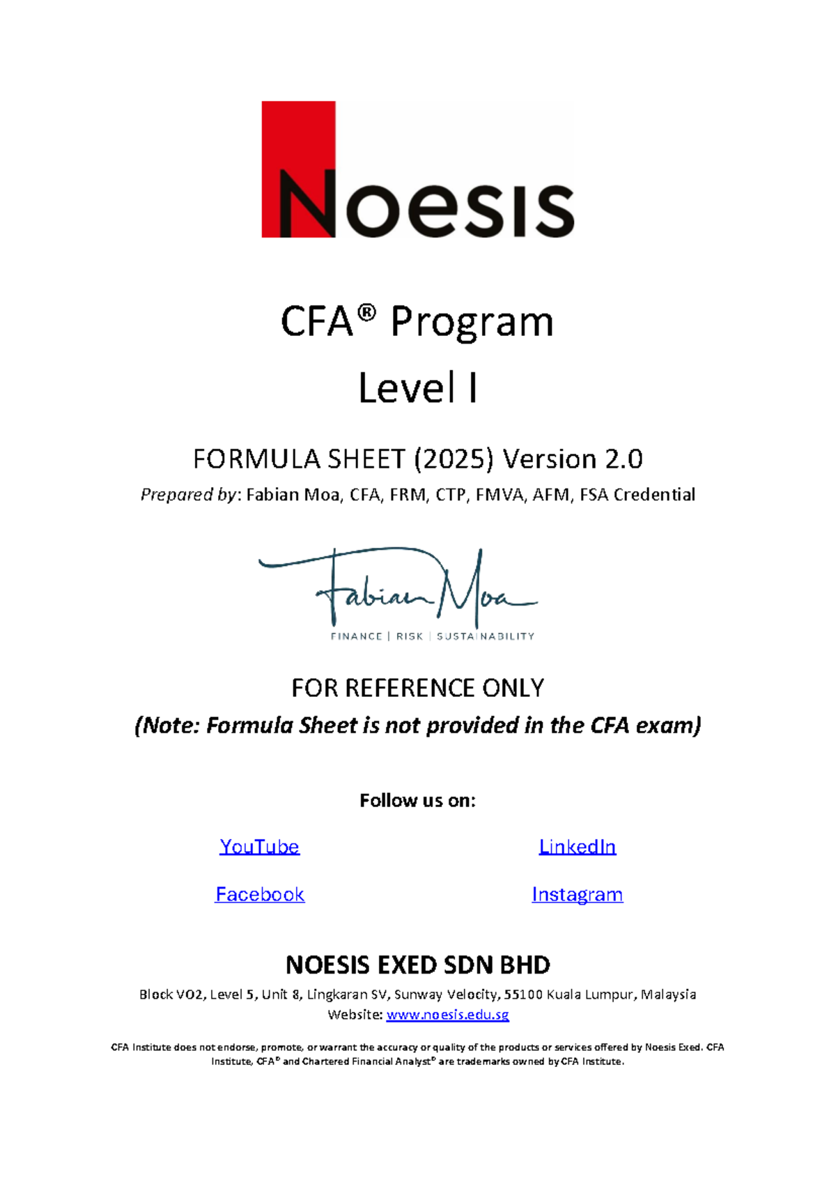 CFA Level 1 (2025) Formula Sheet by Fabian Moa - Version 2.0 - Studocu