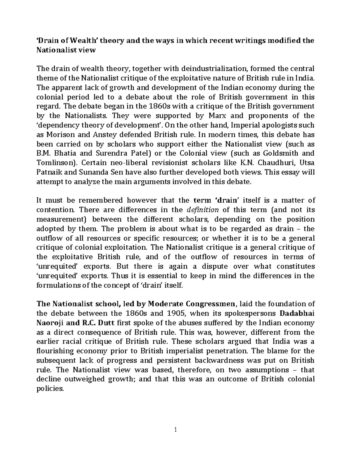 A Comprehensive Study on the Drain of Wealth Theory and Critiques - Studocu