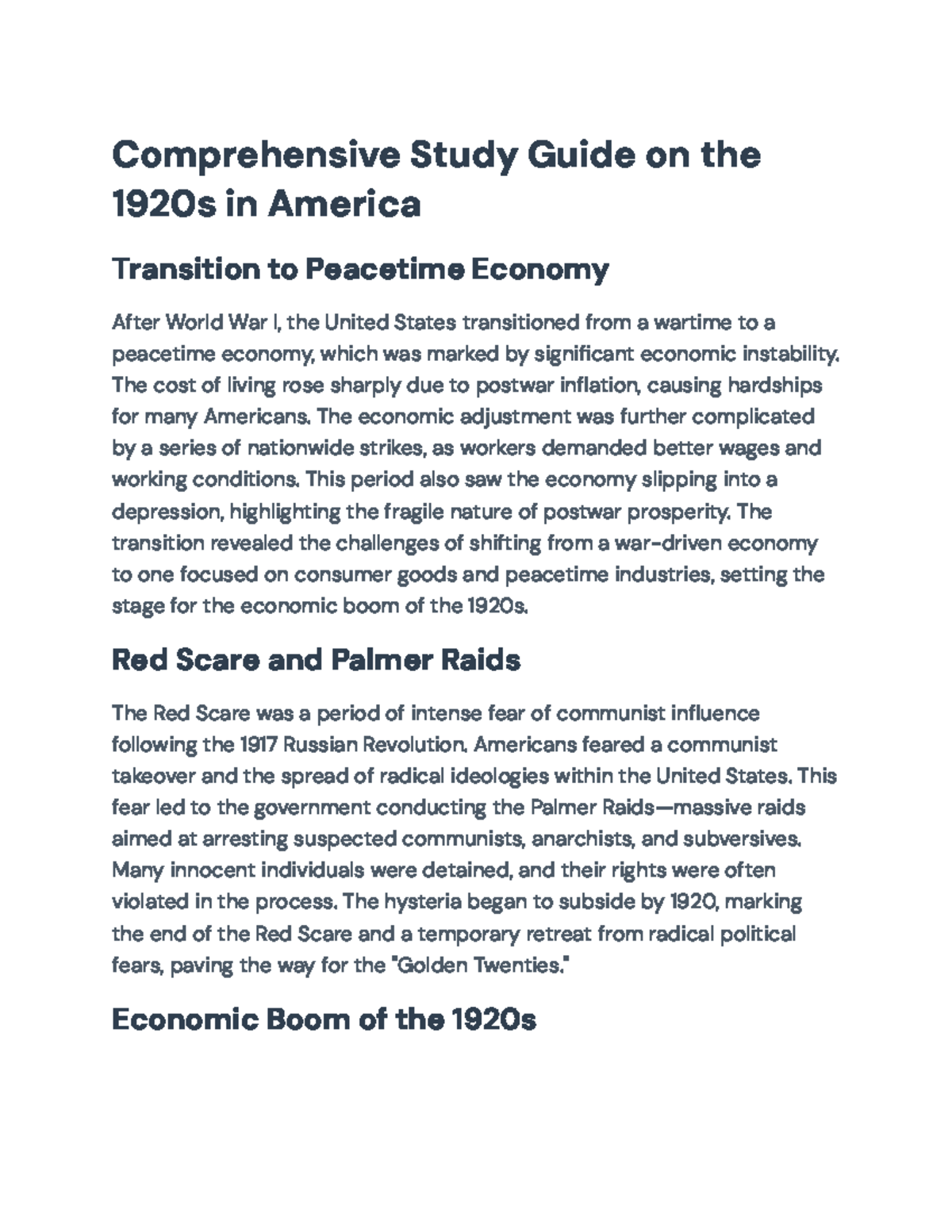 Comprehensive Study Guide: Economic and Cultural Shifts in 1920s ...