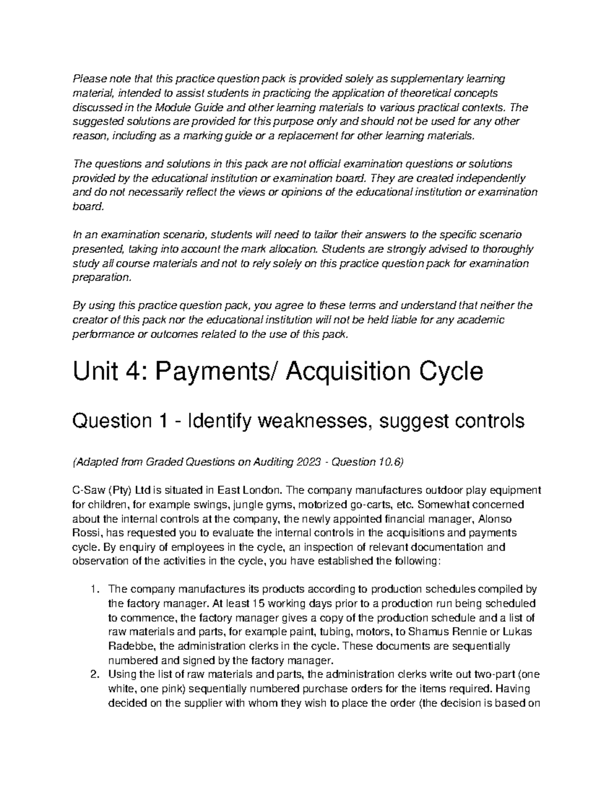 Auditing 3A Week 4 Payments Acquisition Cycle Q&A with Solutions - Studocu