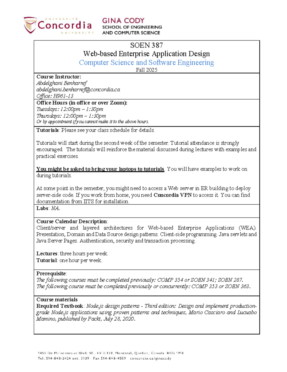 SOEN 387 - Enterprise Application Design Course Outline - Fall 2025 ...