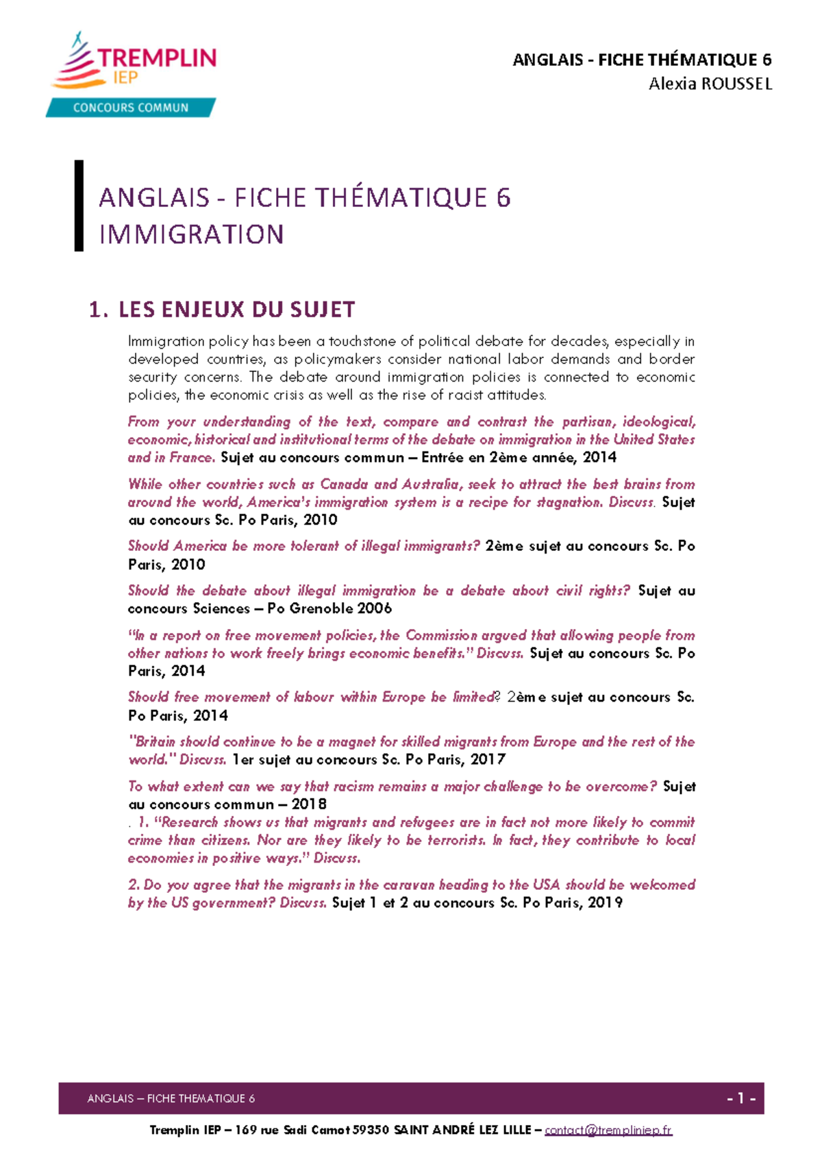 Fiche Thématique 6 - Anglais : Débats et Enjeux de l'Immigration - Studocu