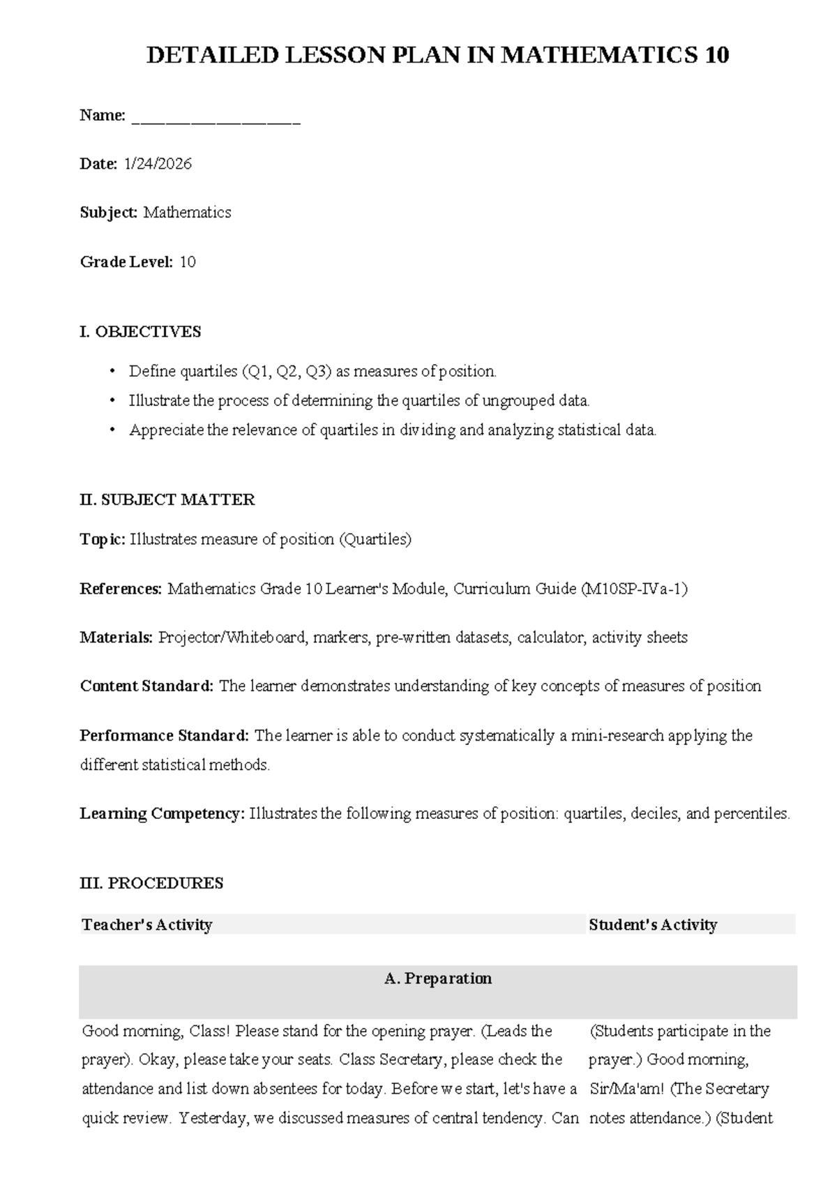 Mathematics 10 Lesson Plan: Understanding Quartiles and Measures of ...
