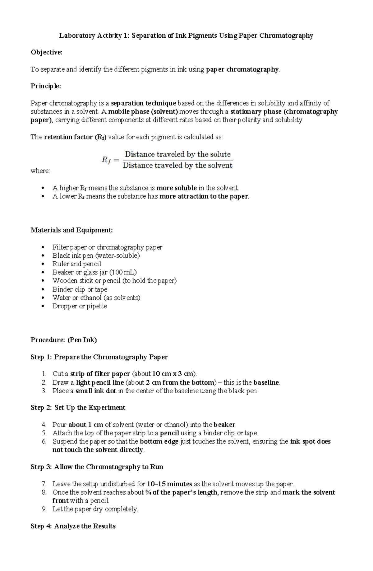 Laboratory Activity 1 - Paper Chromatography - Laboratory Activity 1 ...