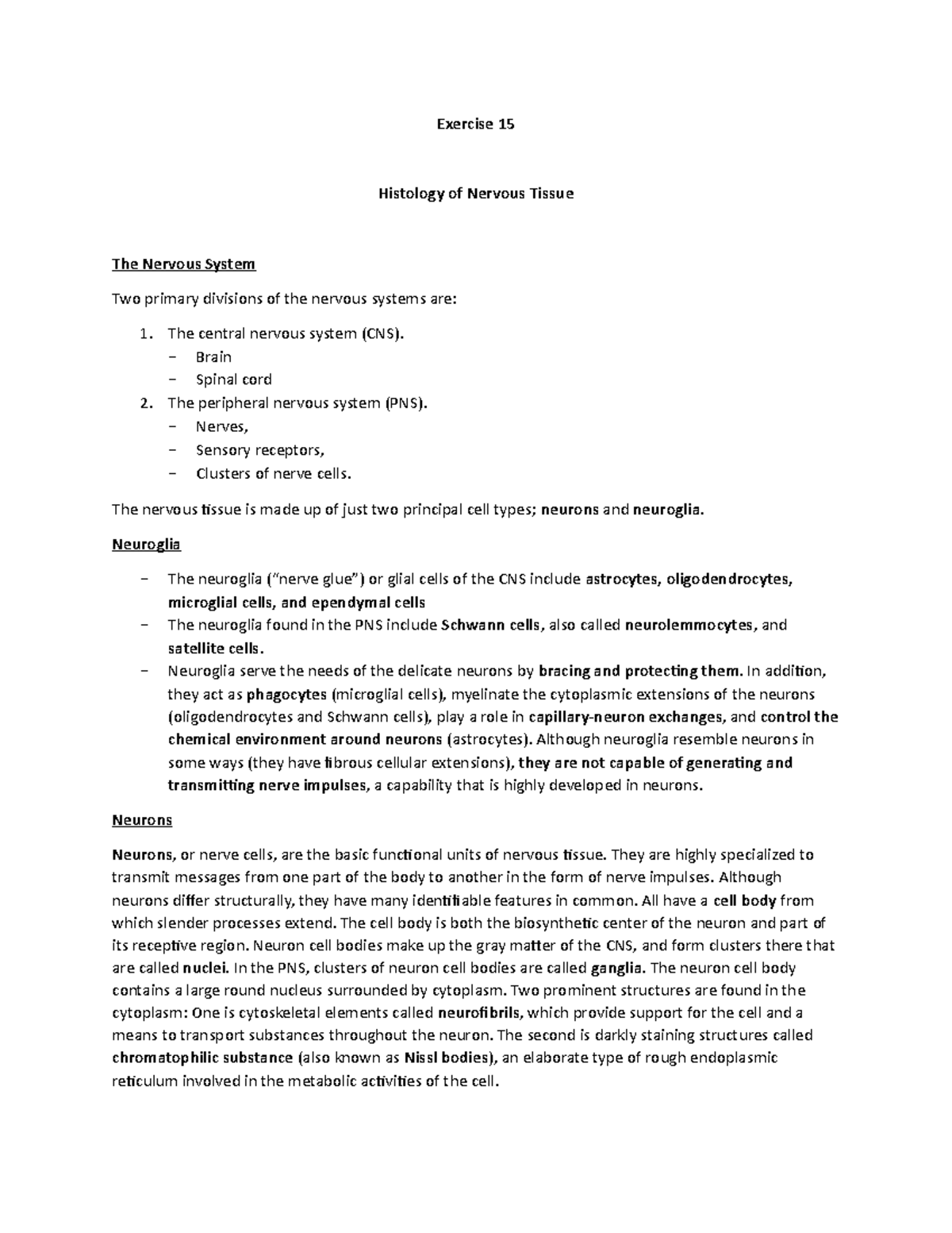 Exercise 15 - Nervous Tissue Histology Overview - Studocu