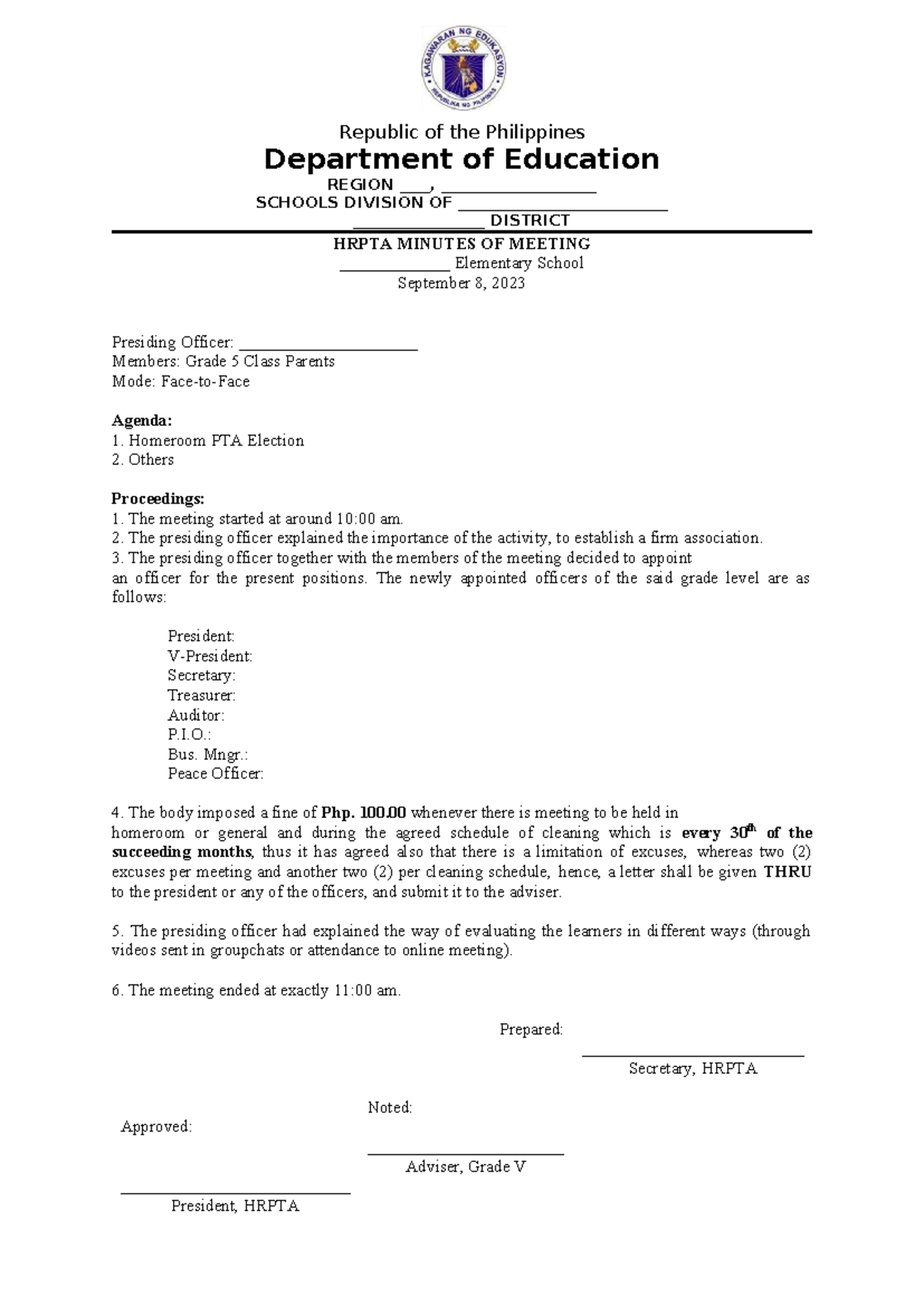 HRPTA Minutes of Meeting - Grade 5 Parents - Sept 8, 2023 - Studocu