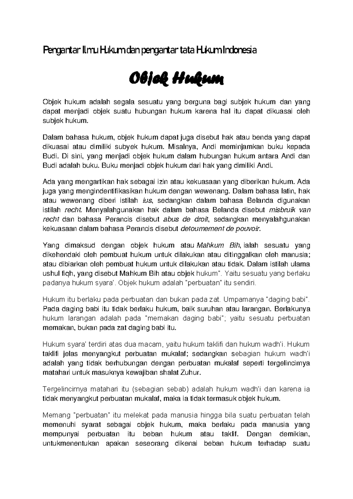 Objek Hukum dalam Pengantar Ilmu Hukum dan Tata Hukum Indonesia - Studocu