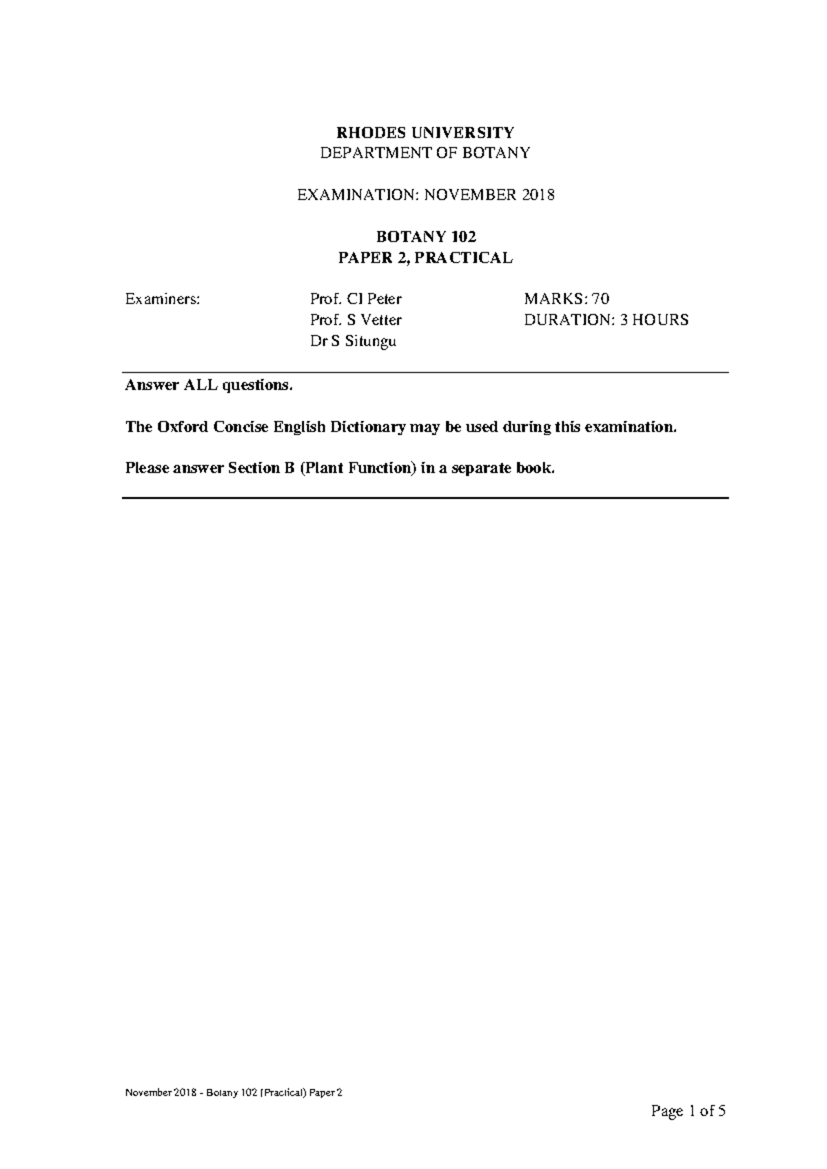 BOT 102 Practical Examination Paper 2 - Nov 2018 (Rhodes University ...
