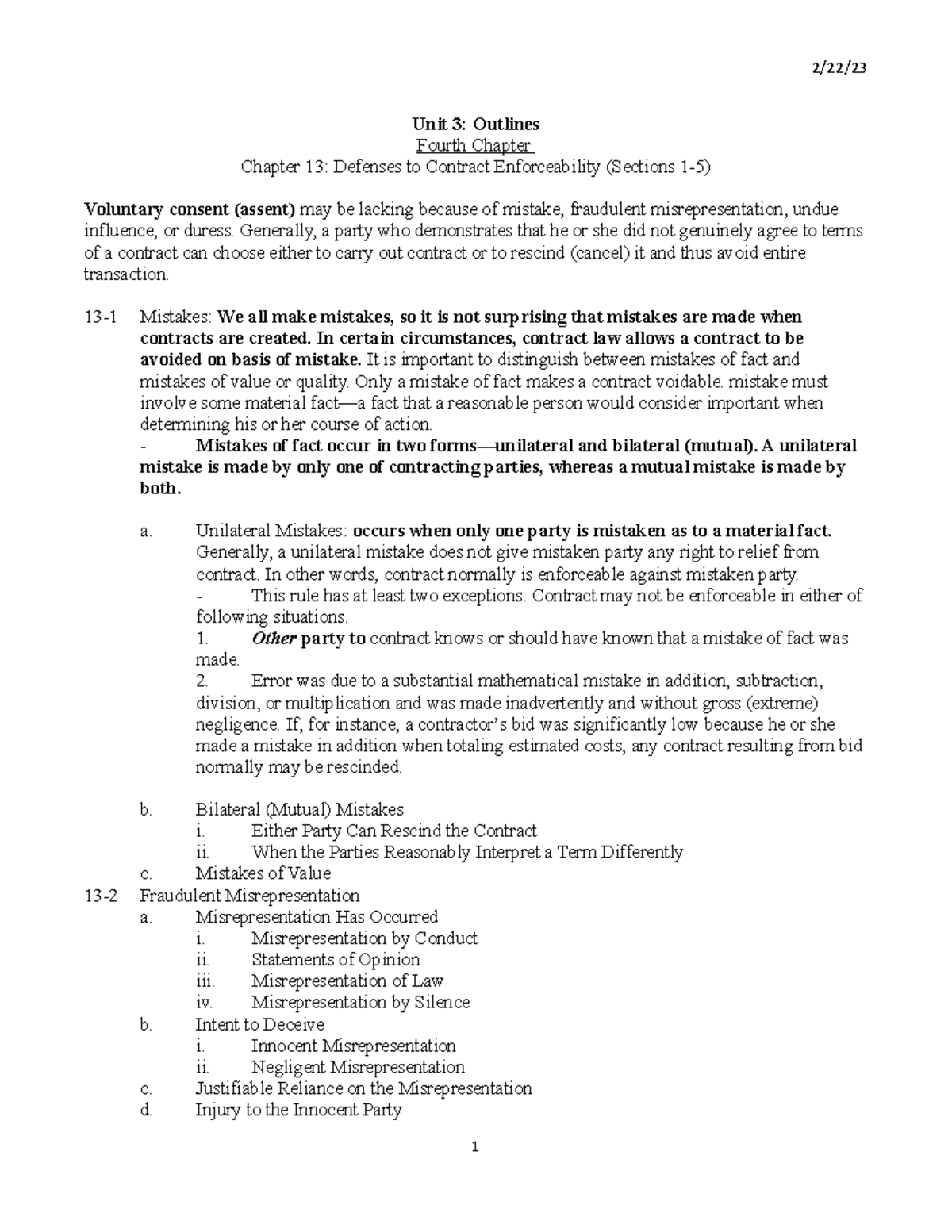 Chapter 13: Defenses to Contract Enforceability (Sec 1-5) Notes - Studocu