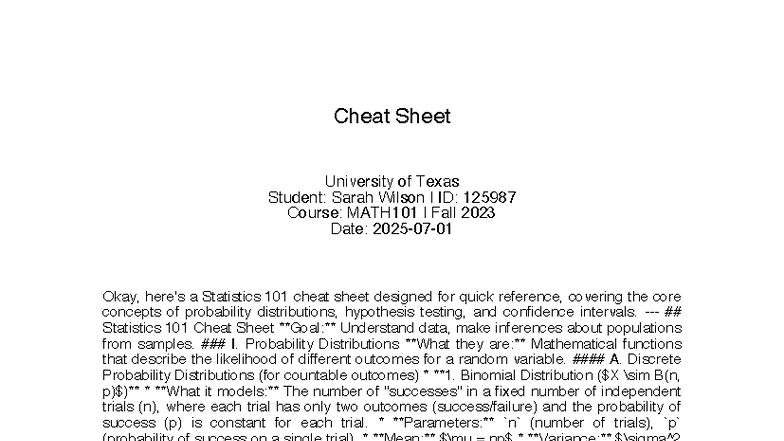 MATH101 Fall 2023 Statistics 101 Cheat Sheet for Quick Reference - Studocu