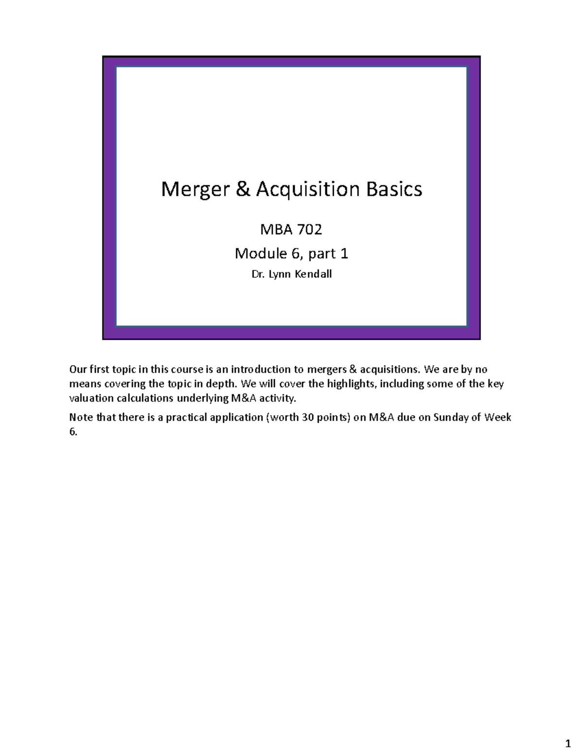 M&A Basics: Valuation & Strategy - MBA 702 Lecture Notes - Studocu