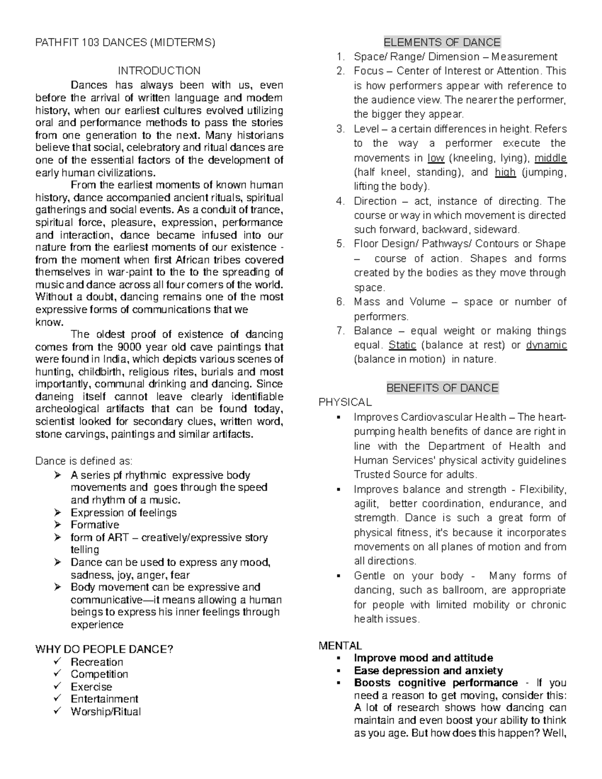 Pathfit-103-Dances - notes - PATHFIT 103 DANCES (MIDTERMS) INTRODUCTION ...