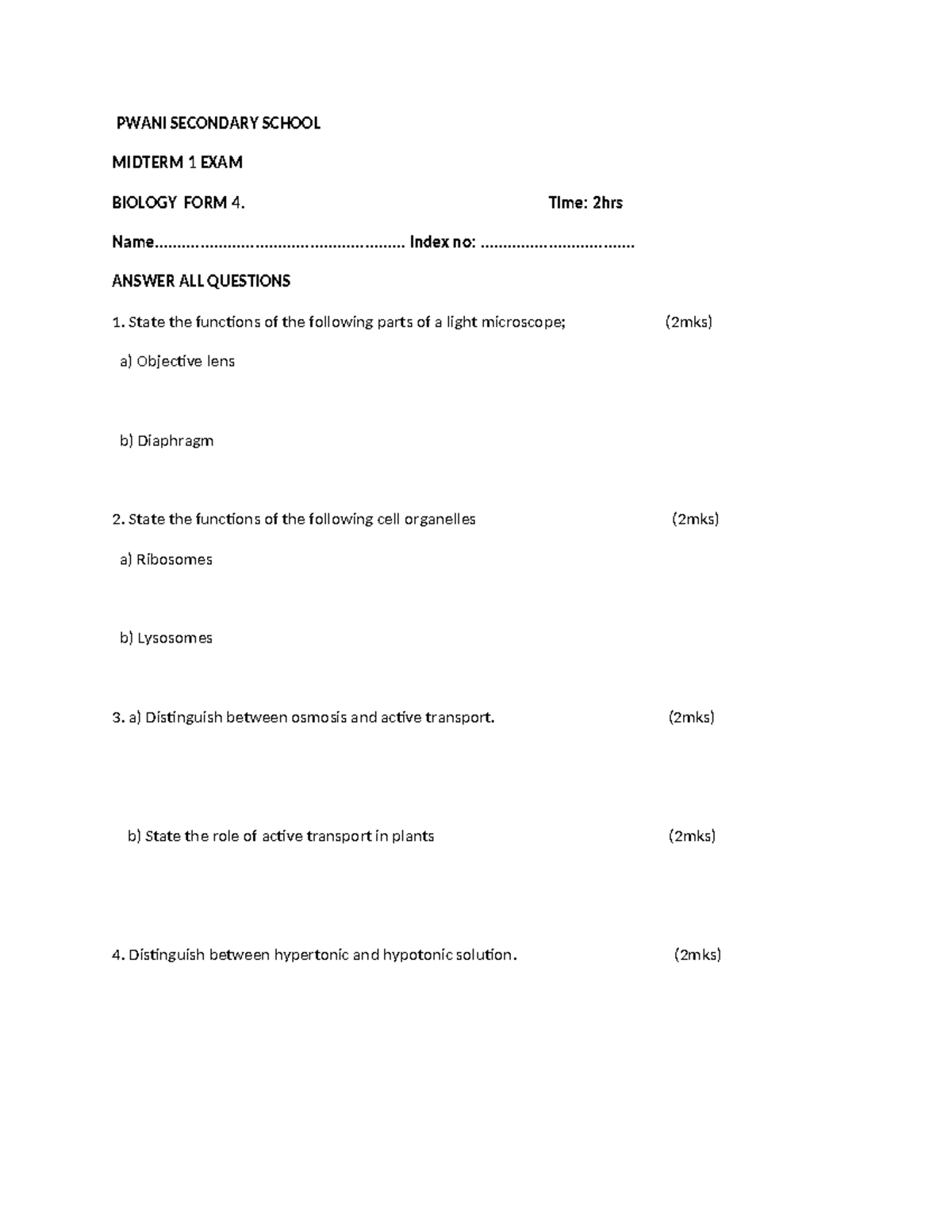 PWANI SECONDARY SCHOOL BIOLOGY FORM 4 MIDTERM 1 EXAM 2025 - Studocu