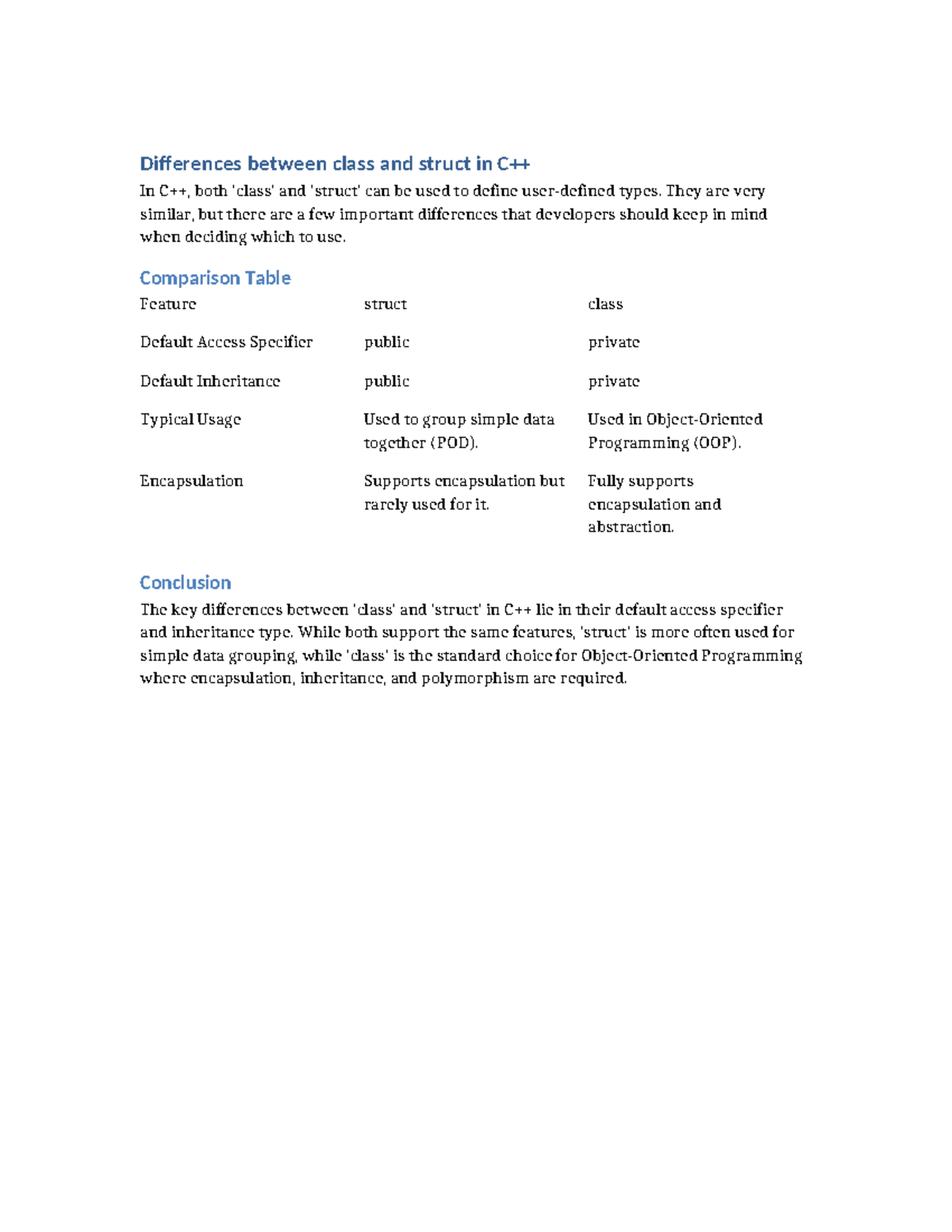 Differences Between Class and Struct in Programming Concepts - Studocu