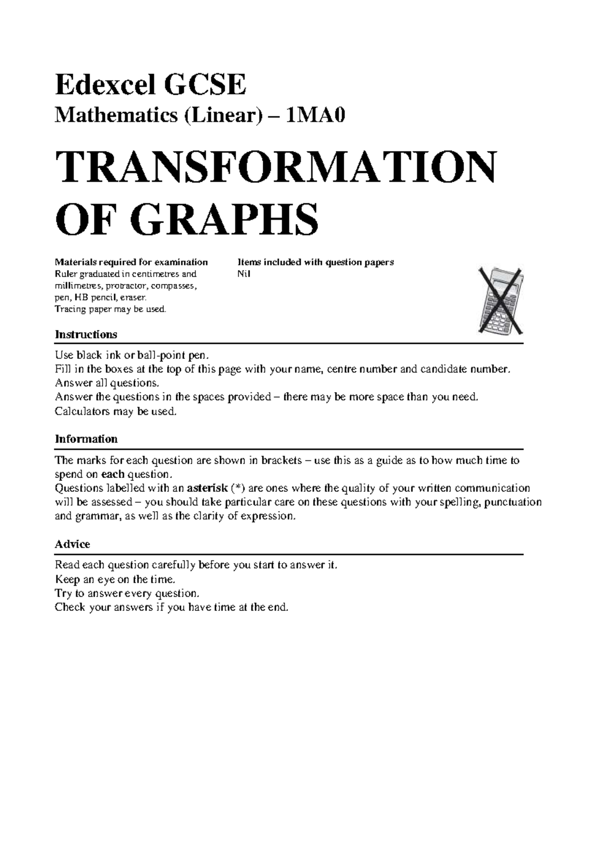 Edexcel GCSE Maths 1MA0 Final Exam: Transformation of Graphs - Studocu