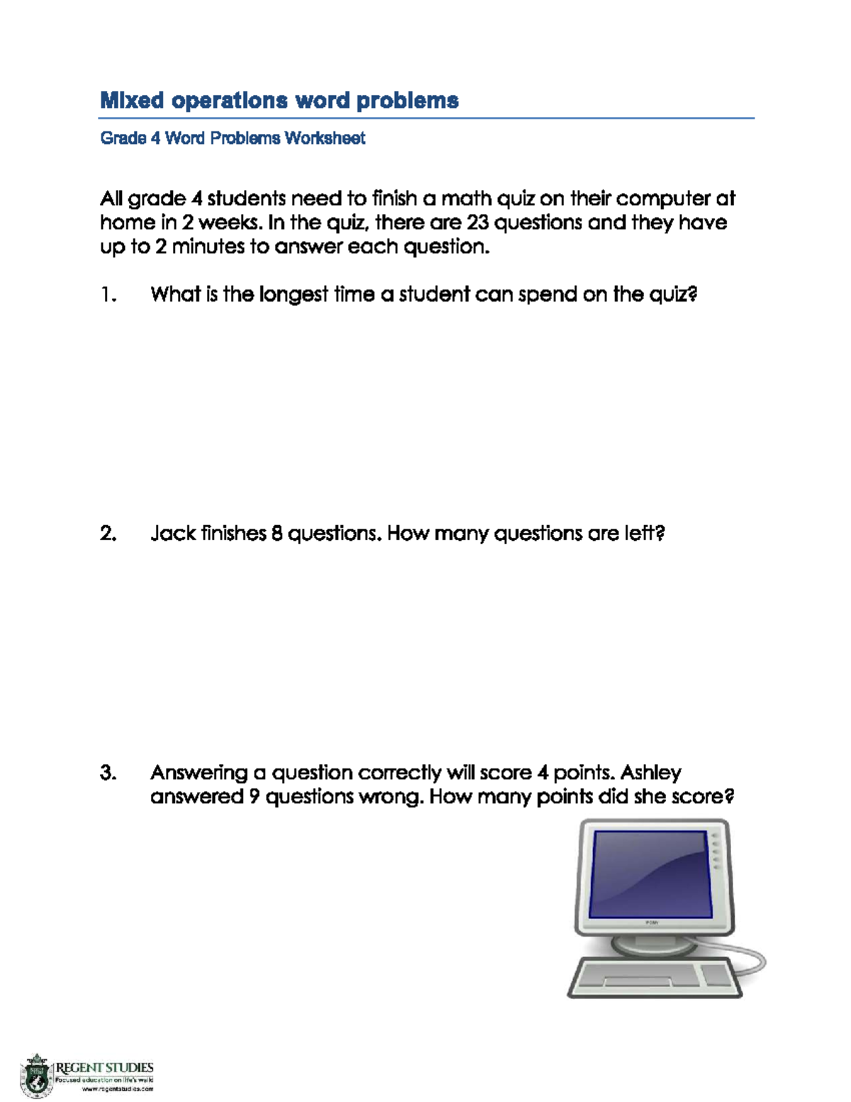 Grade 4 Math Quiz: Mixed Operations Word Problems Worksheet - Studocu