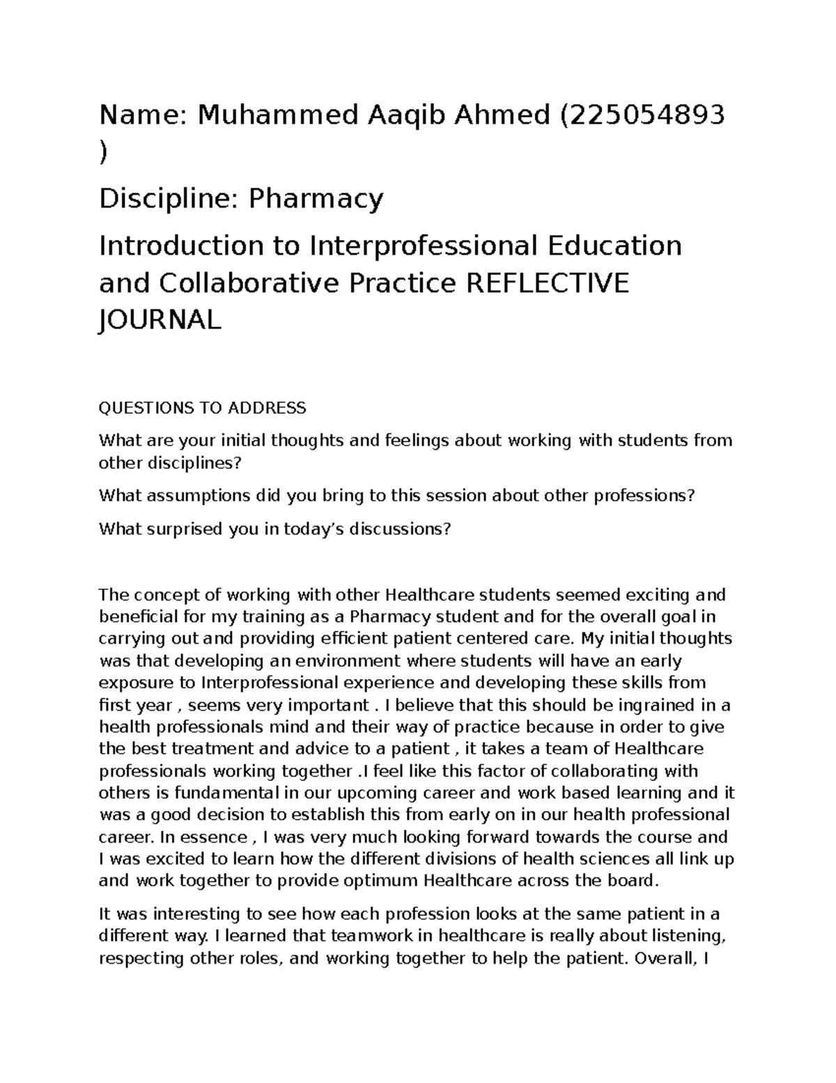 IPE Reflective Journal: Insights on Interprofessional Collaboration ...