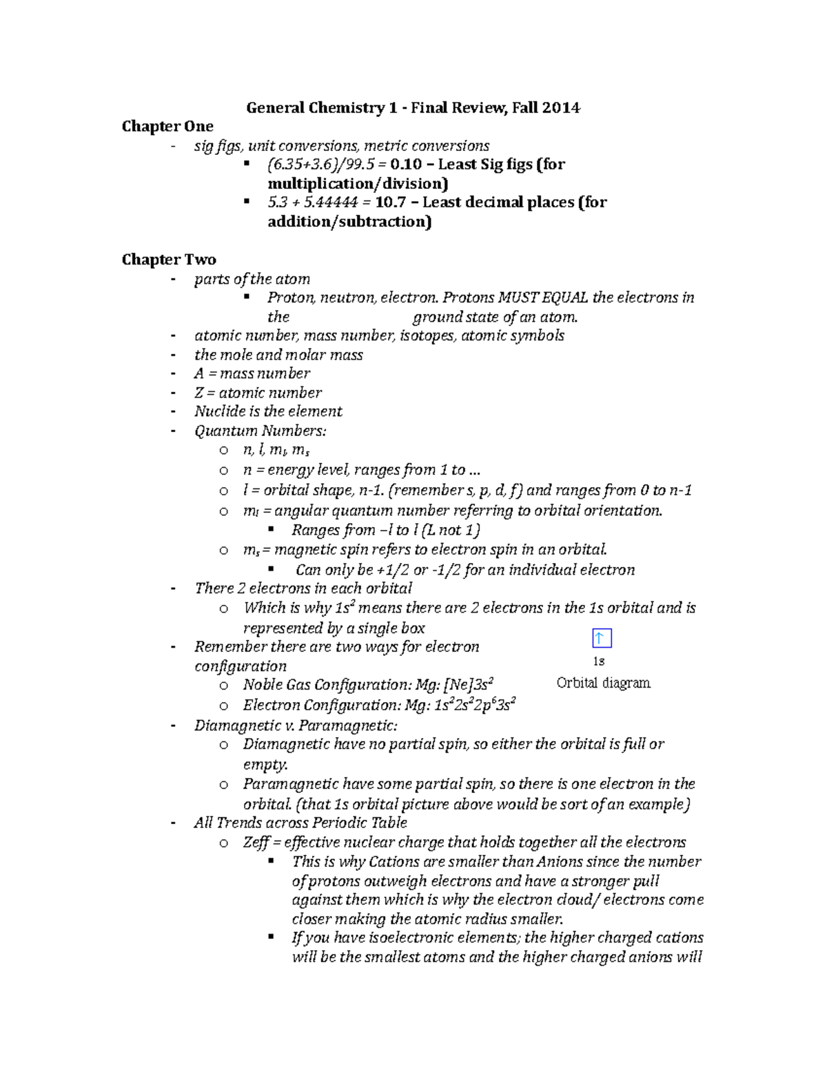 Gen Chem 1 Final Review Notes Fall 2014: Key Concepts & Trends - Studocu