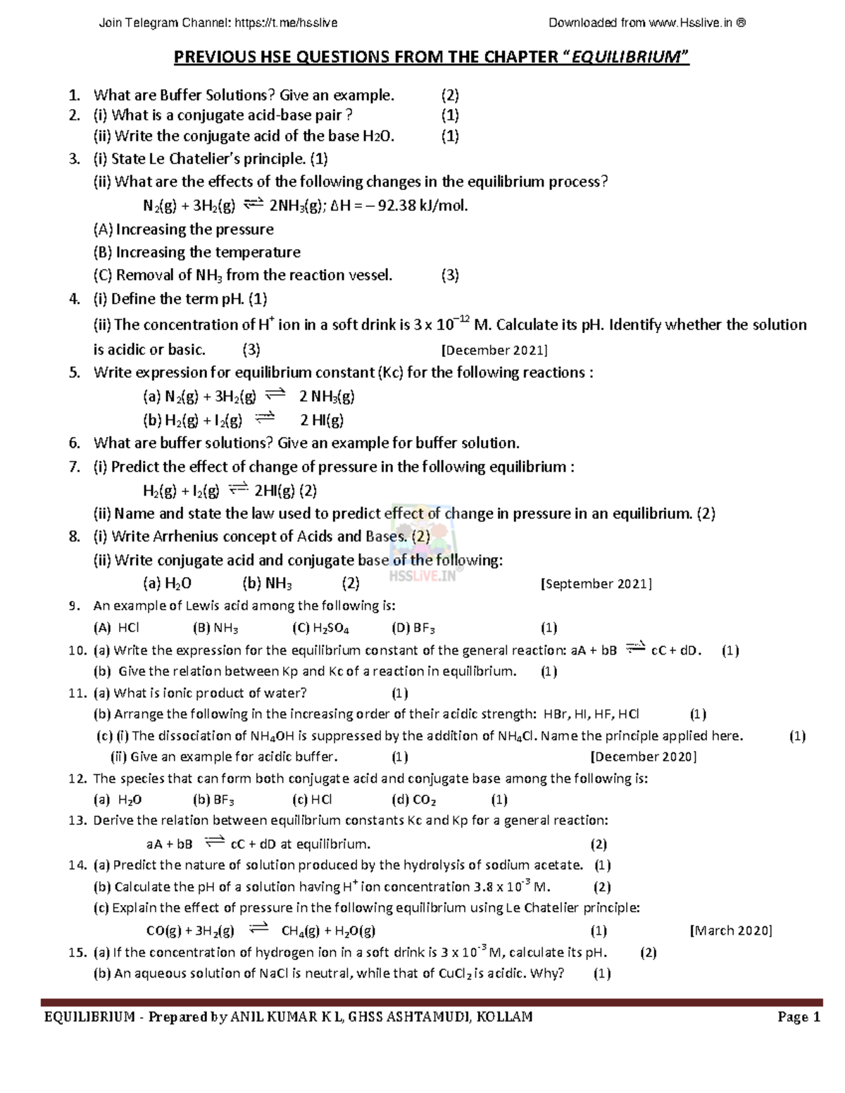 HSSLIVE XI Chemistry QB Chapter 7: Equilibrium Questions & Answers ...