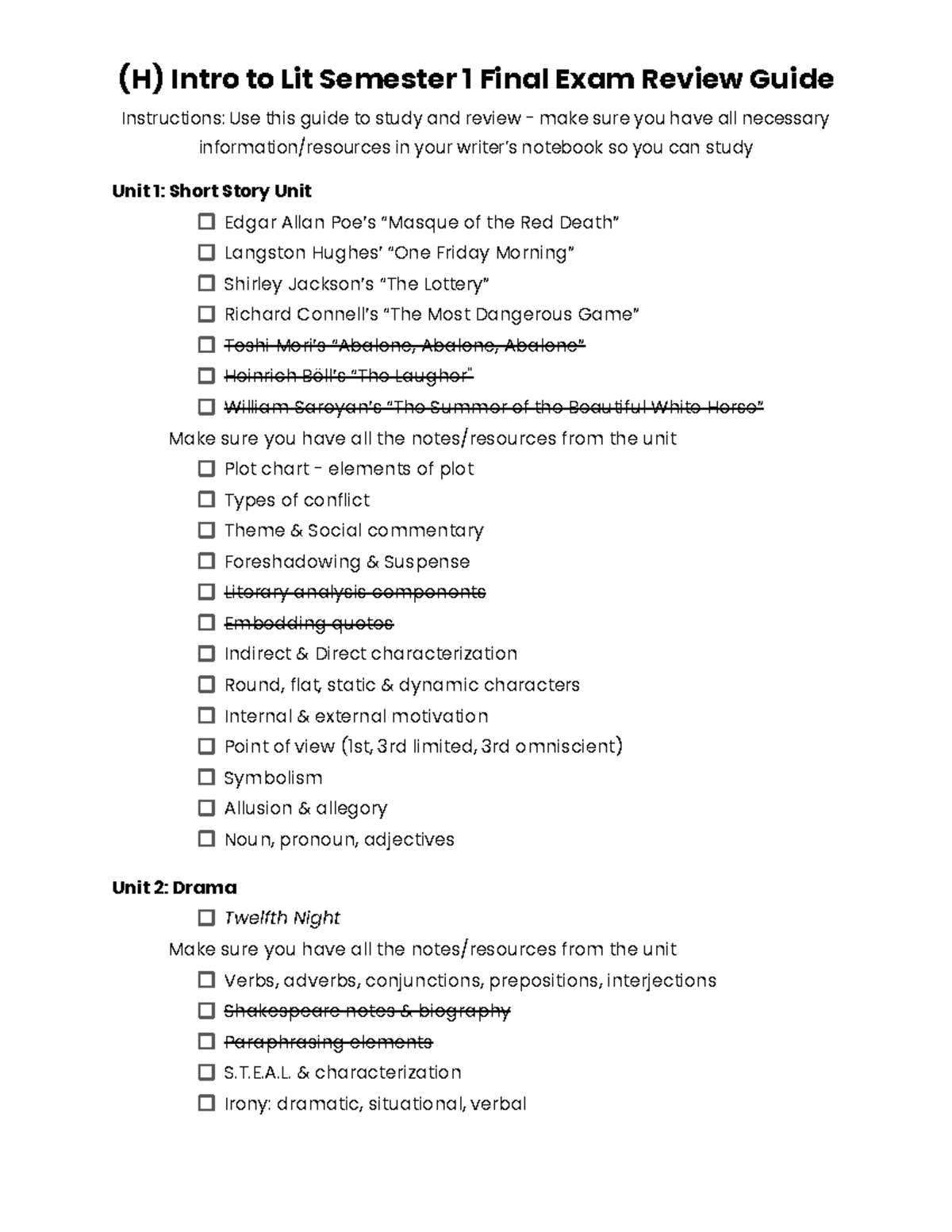 Intro to Lit (H) Sem. 1 Final Exam Review Guide and Checklist - (H ...