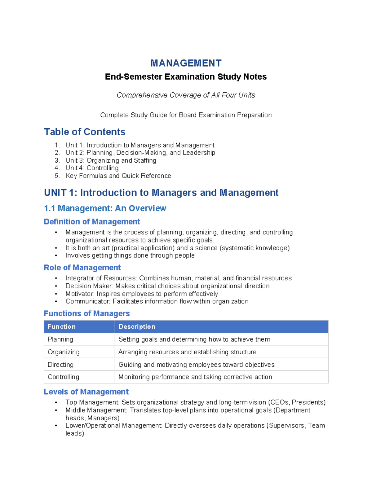 MANAGEMENT 101 Final Exam Study Notes: Comprehensive Guide for All ...