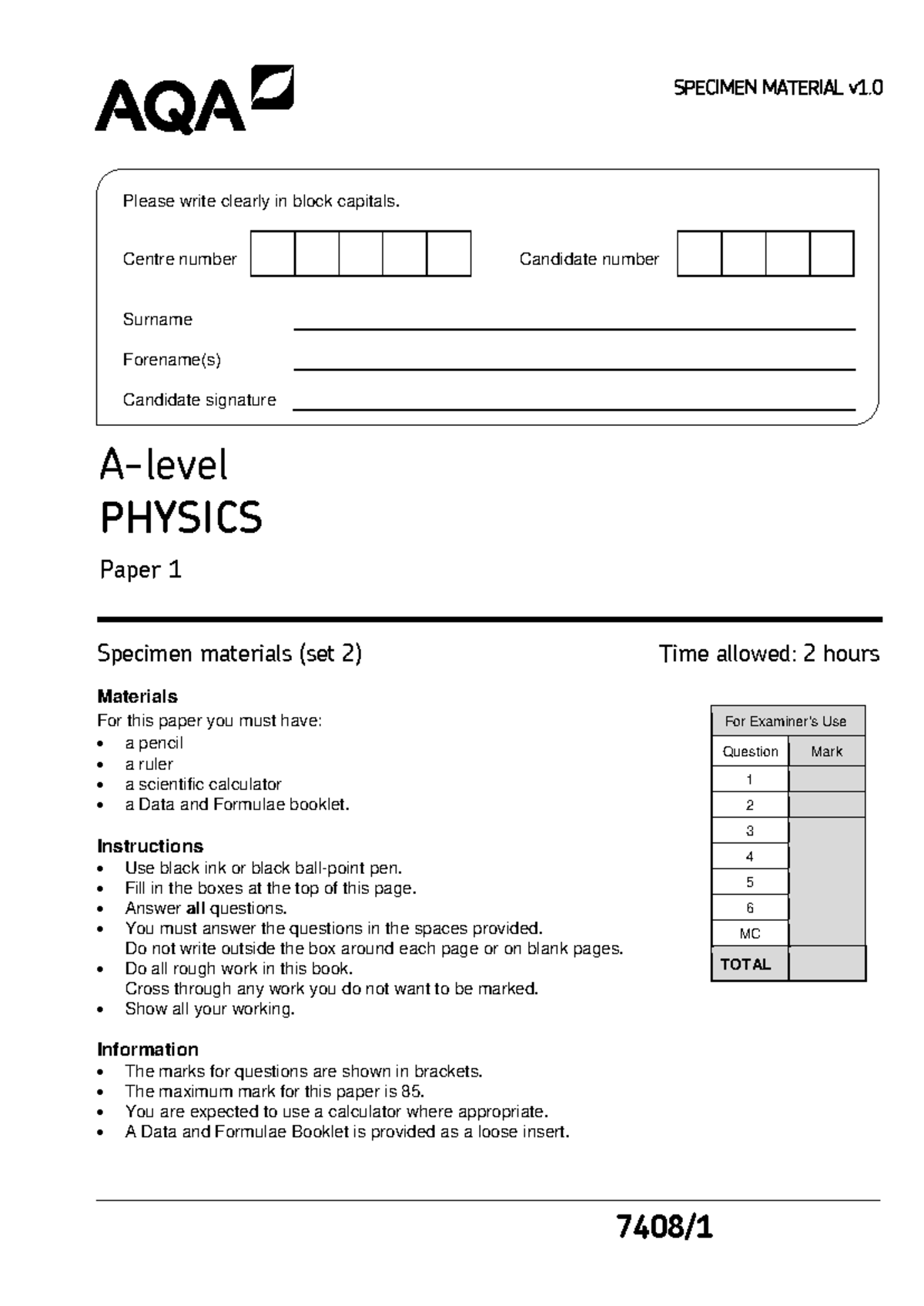 PHYSICS 7408-1 Paper 1 Specimen Materials (Set 2) - Studocu