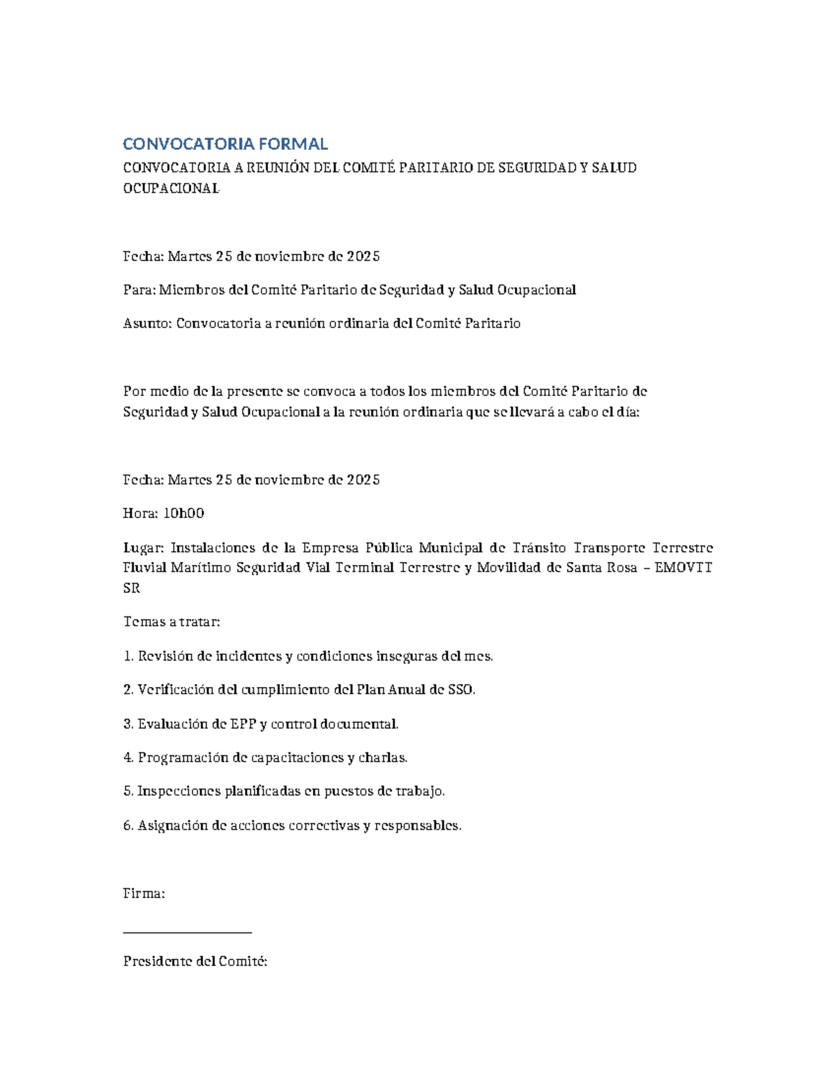 Convocatoria a Reunión del Comité Paritario de SSO - 25 Nov 2025 - Studocu