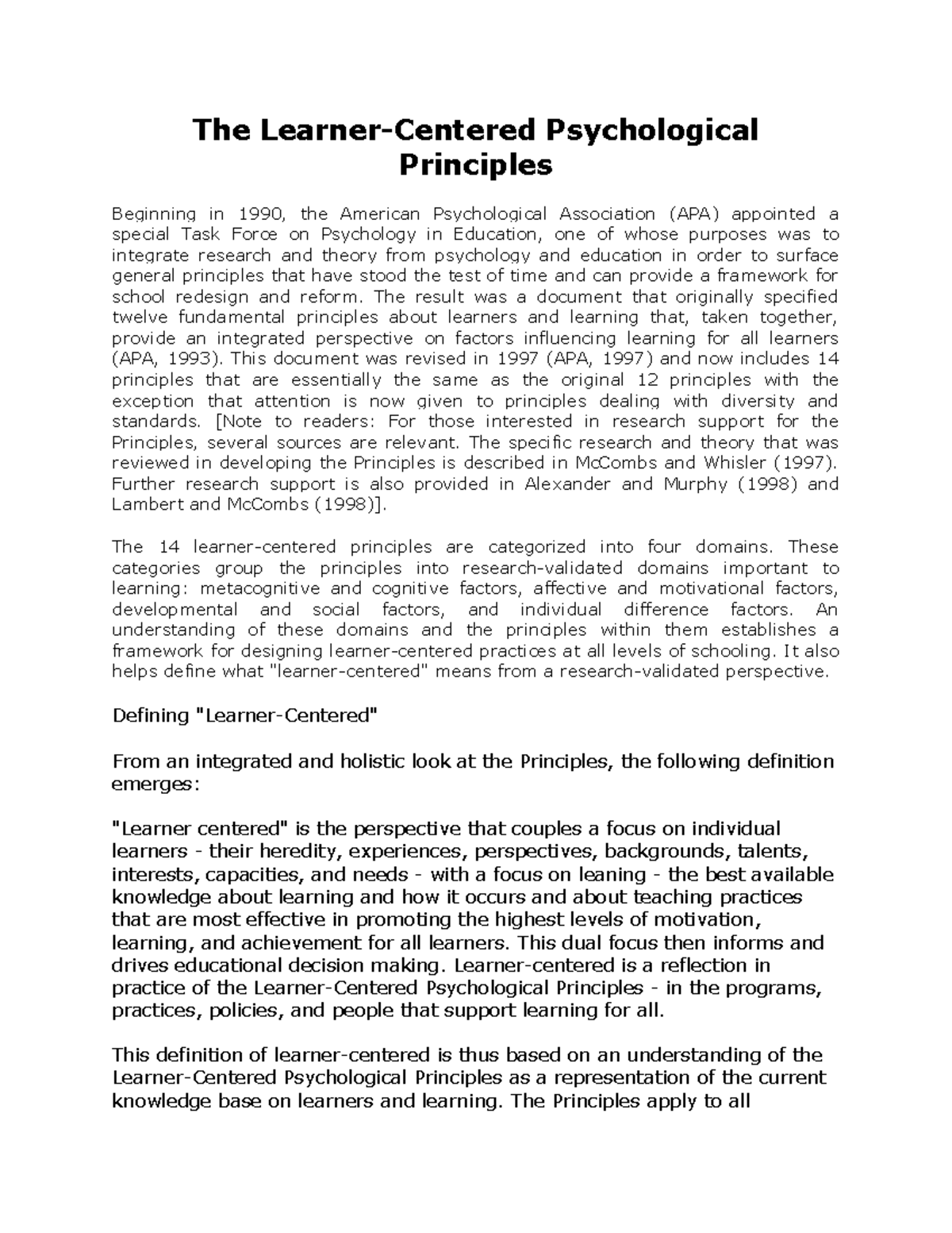 Learner-Centered Psychological Principles Overview and Implications - Studocu