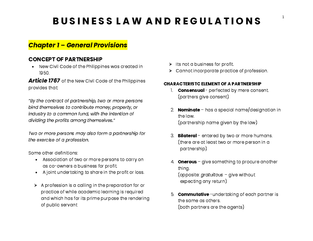 BL&R Notes - BUSINESS LAW AND REGULATIONS: PARTNERSHIP OVERVIEW - Studocu