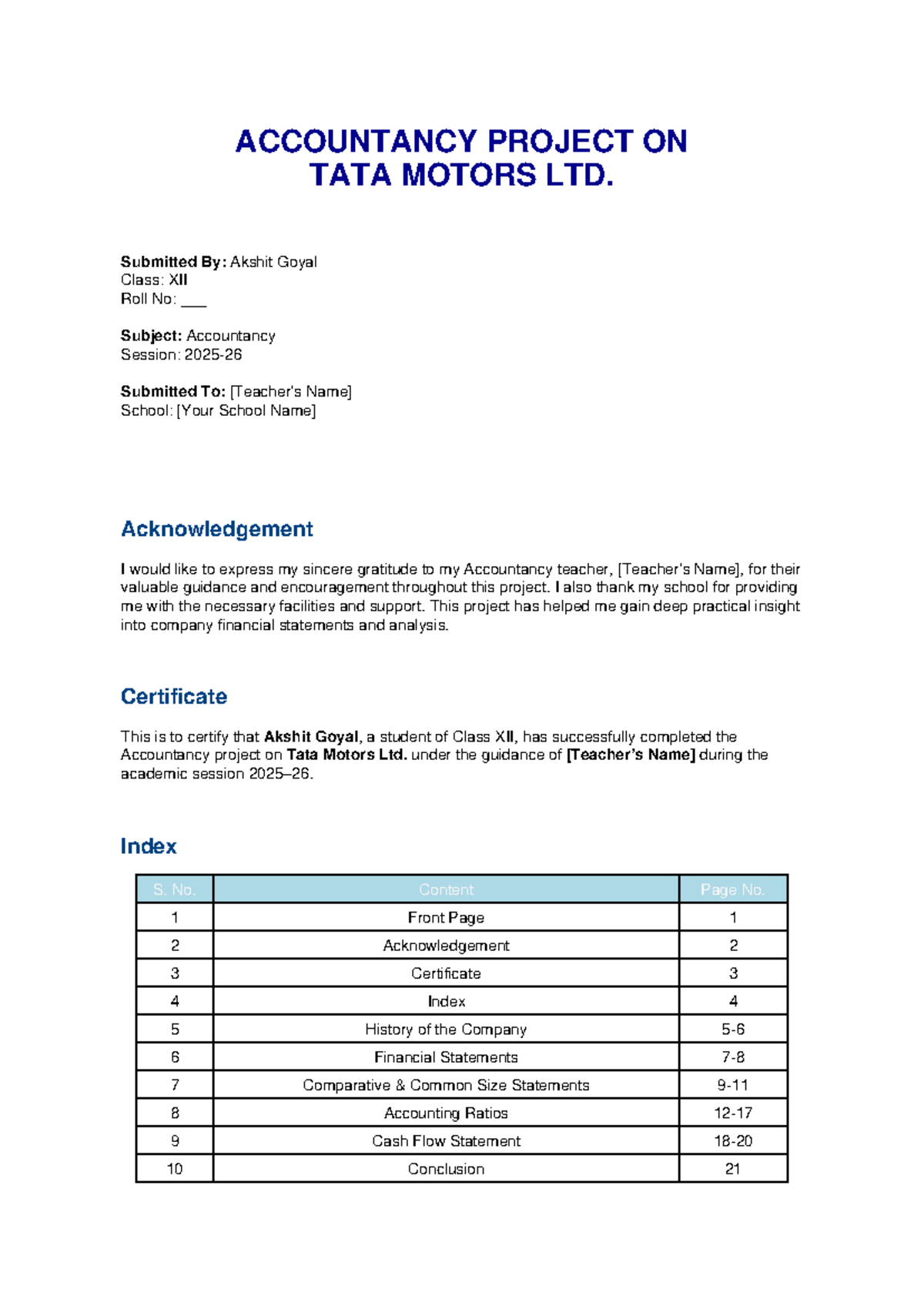Accountancy Project on Tata Motors Ltd. - Class XII - Studocu