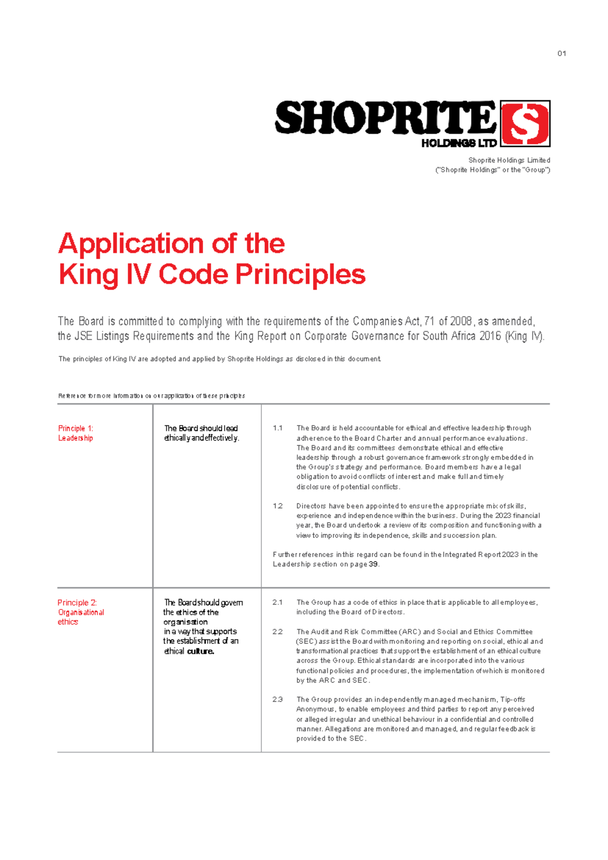 Shoprite Holdings - Application of King IV Code Principles - Studocu