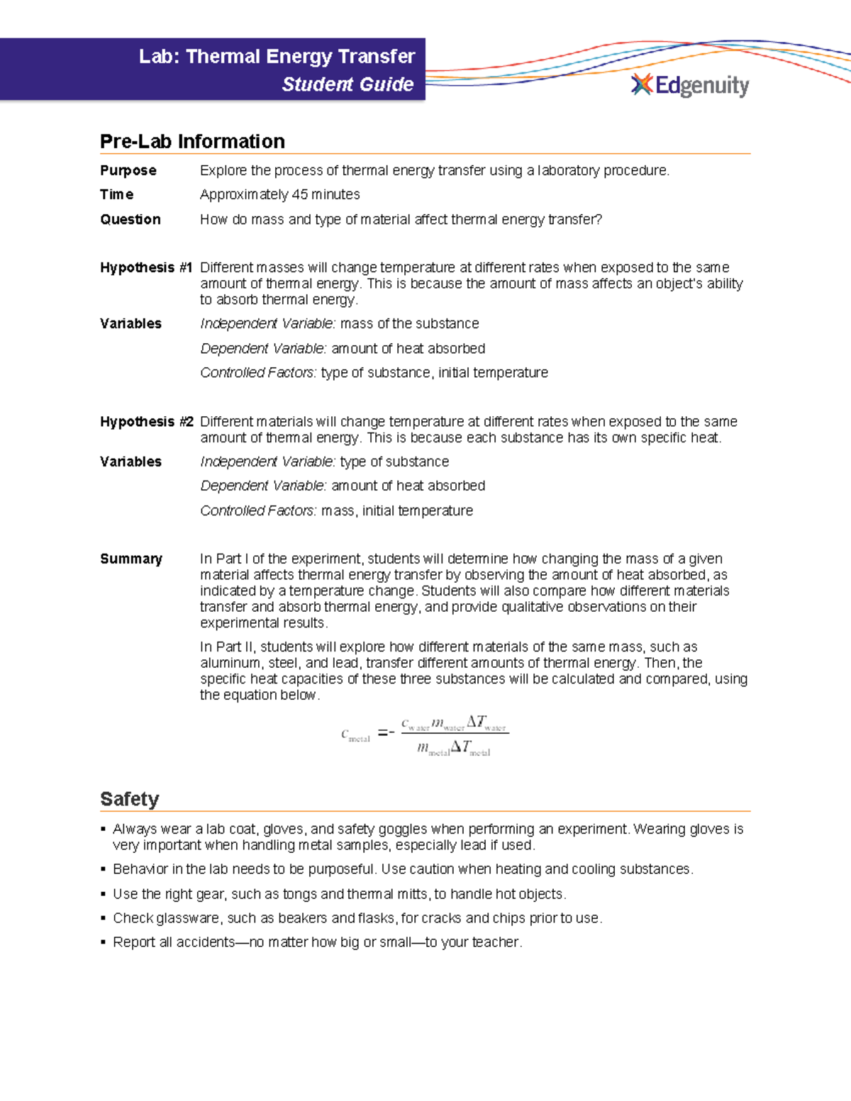 Thermal Energy Transfer Lab Guide (Course Code: SC101) - Studocu