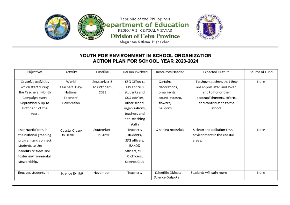 Action Plan for Youth for Environment in School Org (YESO) 2023-2024 ...