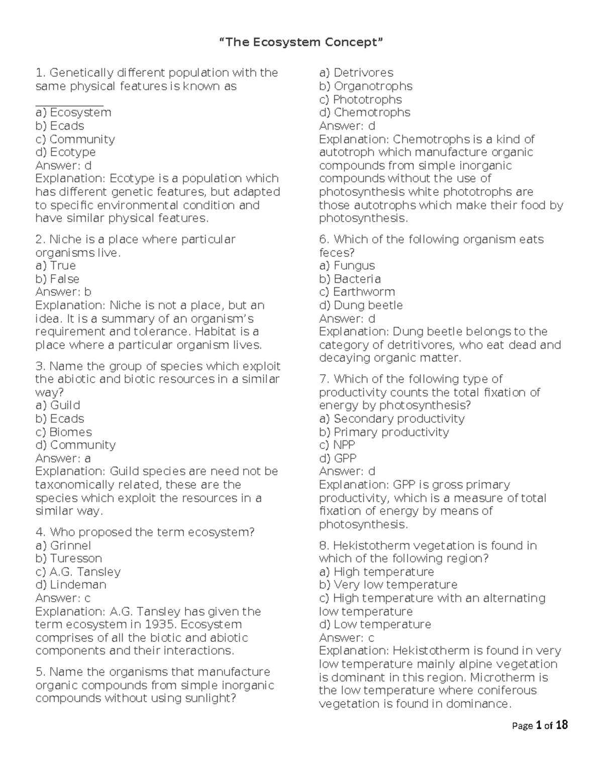 BIO-Ecology - Practice Problems on Ecosystem and Population Dynamics ...