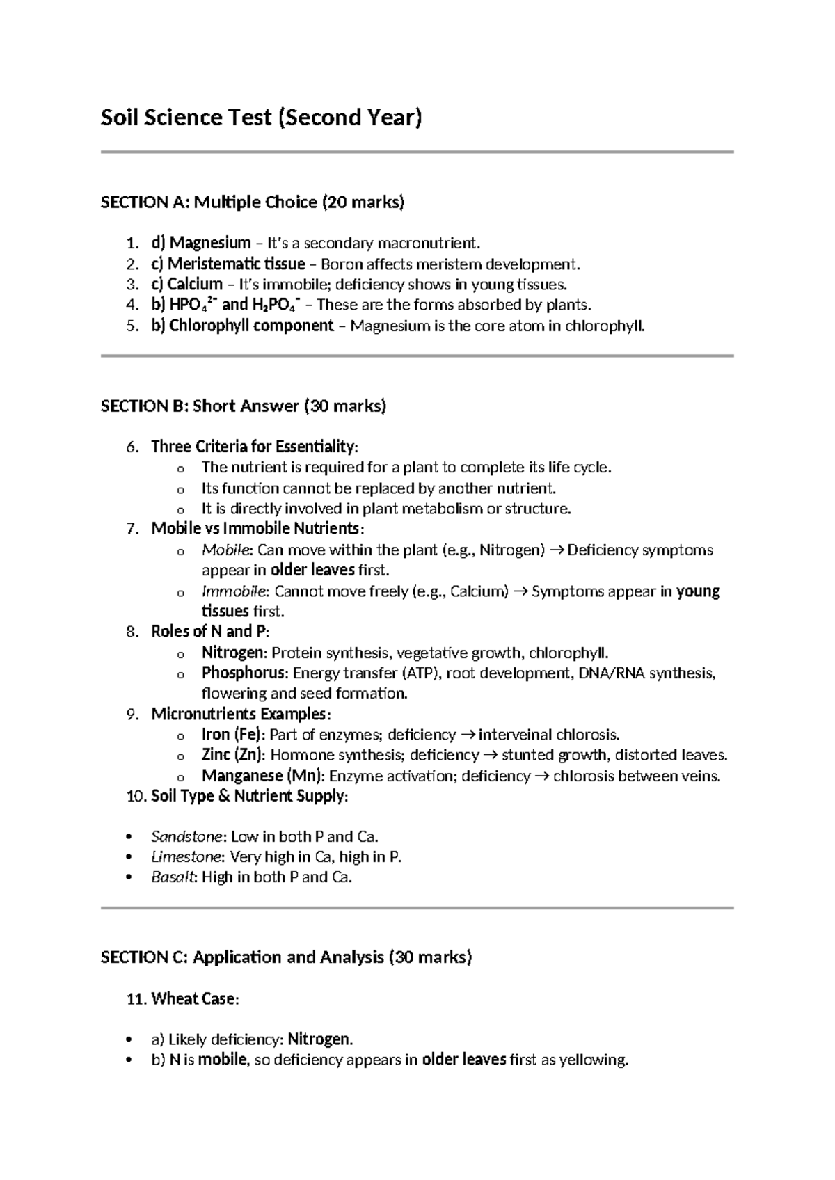 Soil Science Test (Second Year) - Fertility and Nutrient Management ...