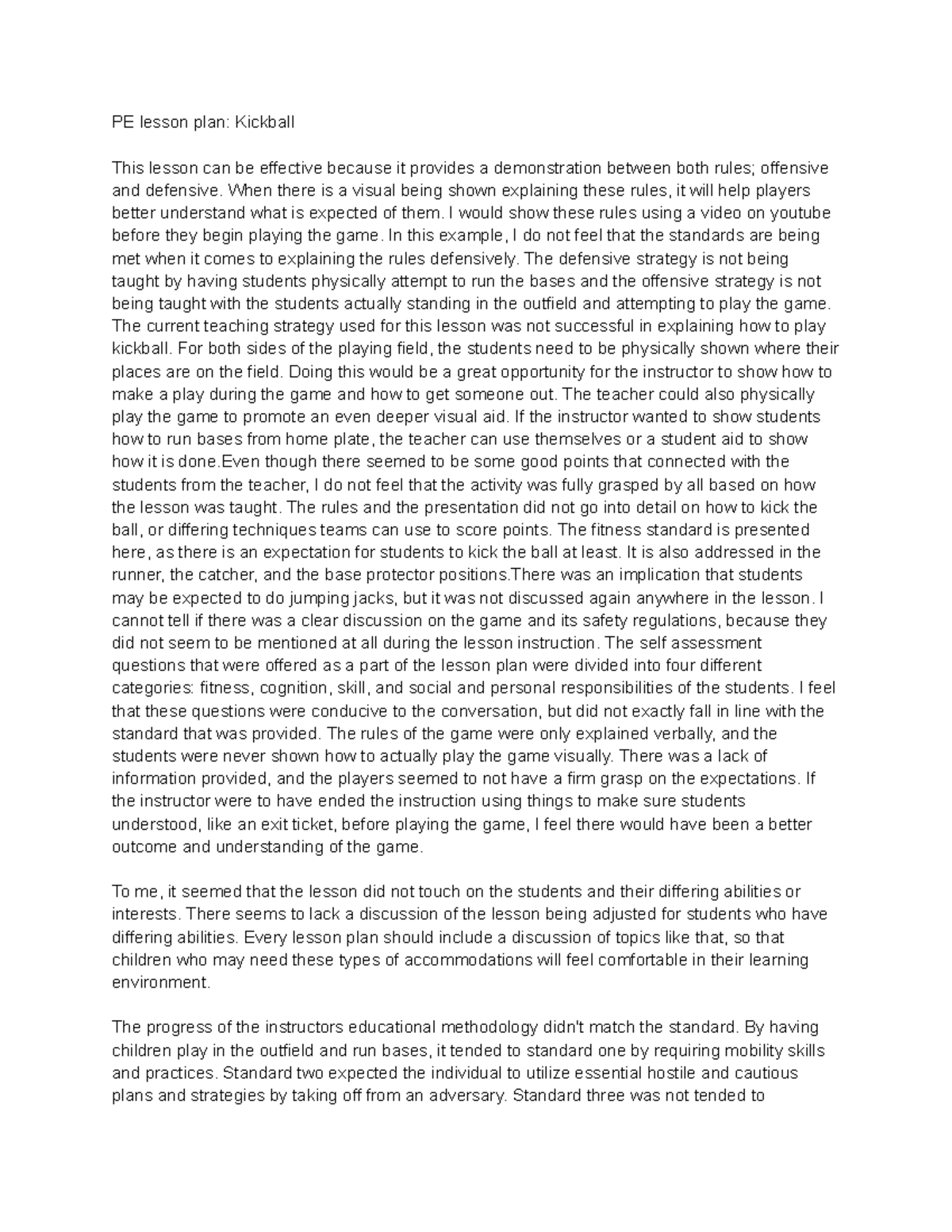 PE Lesson Plan: Effective Kickball Strategies and Instructional Changes ...