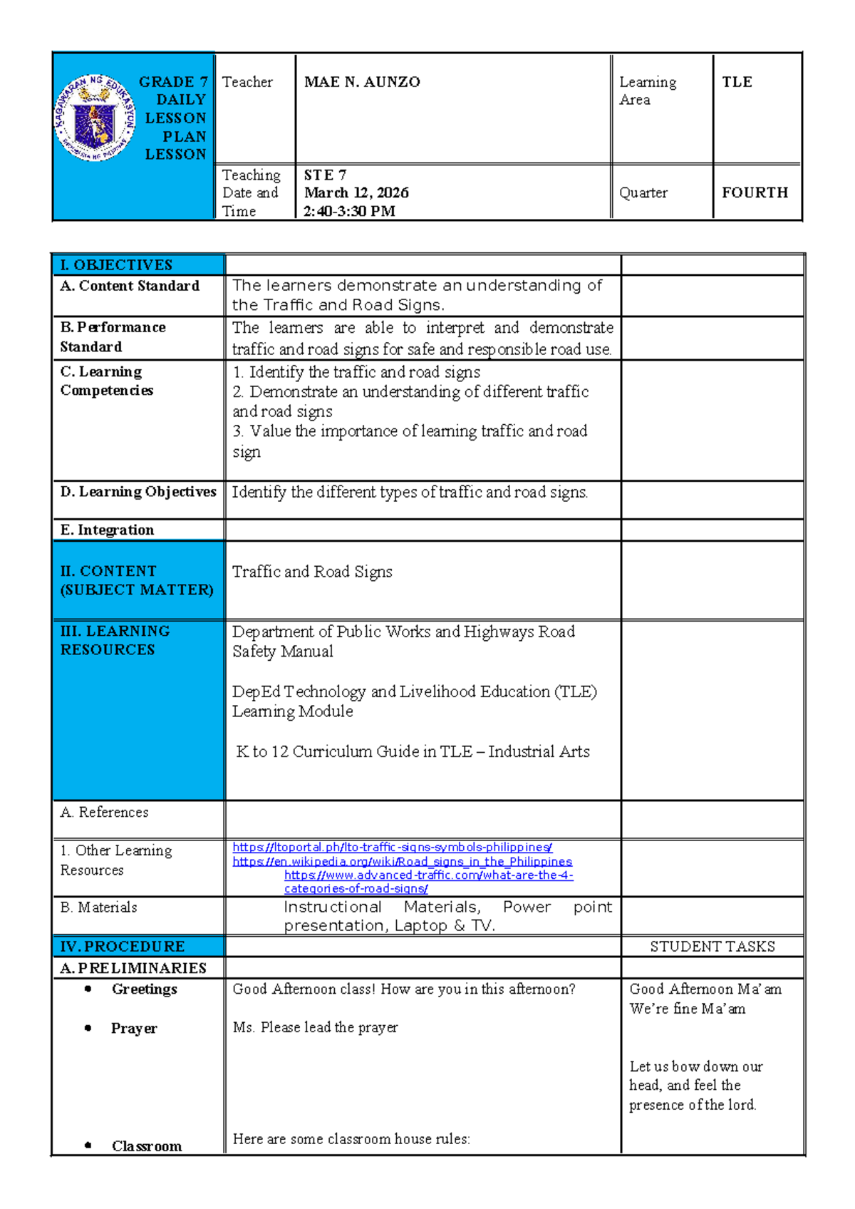GRADE 7 TLE Lesson Plan: Traffic and Road Signs (4th Quarter) - Studocu